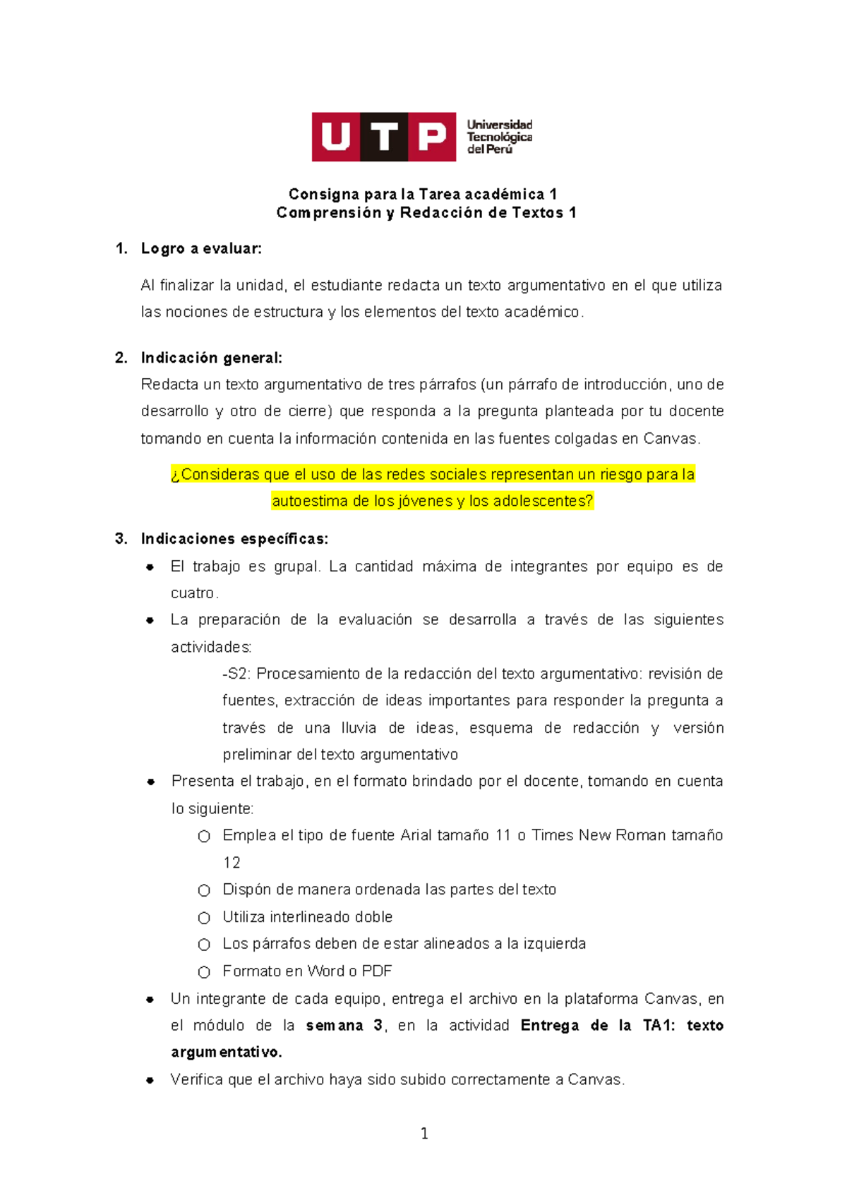 GC N01I TA1Consigna 22C2A-1 - Consigna para la Tarea académica 1 Comprensión y Redacción de ...