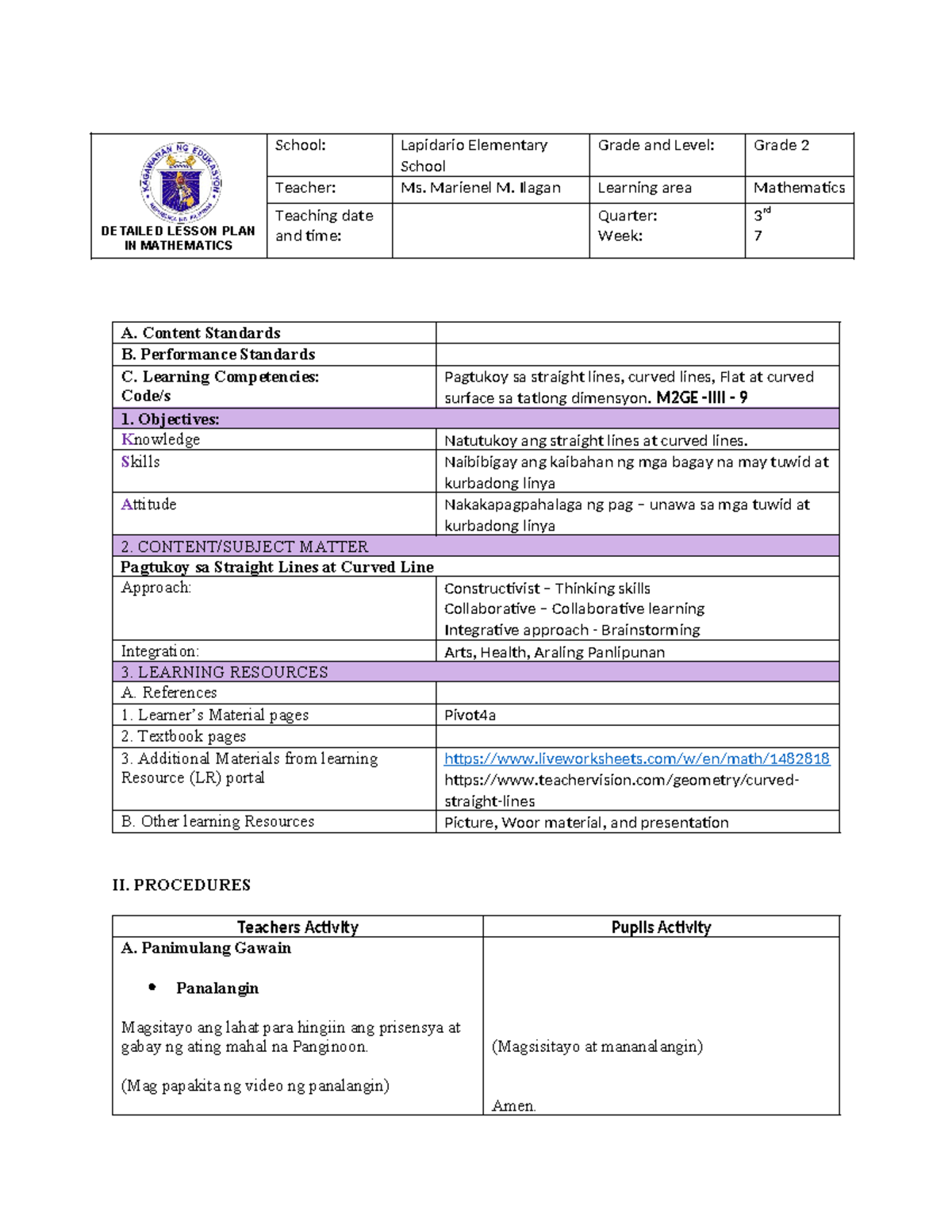 Detailed Lesson PLAN IN Mathematics (Auto Recovered) - DETAILED LESSON ...