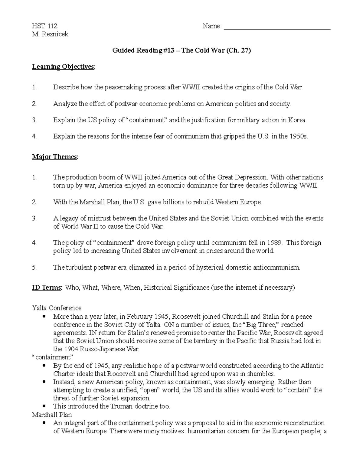 HST 112 - GR #13 - The Cold War (Ch 27) - HST 112 M. Reznicek Name ...