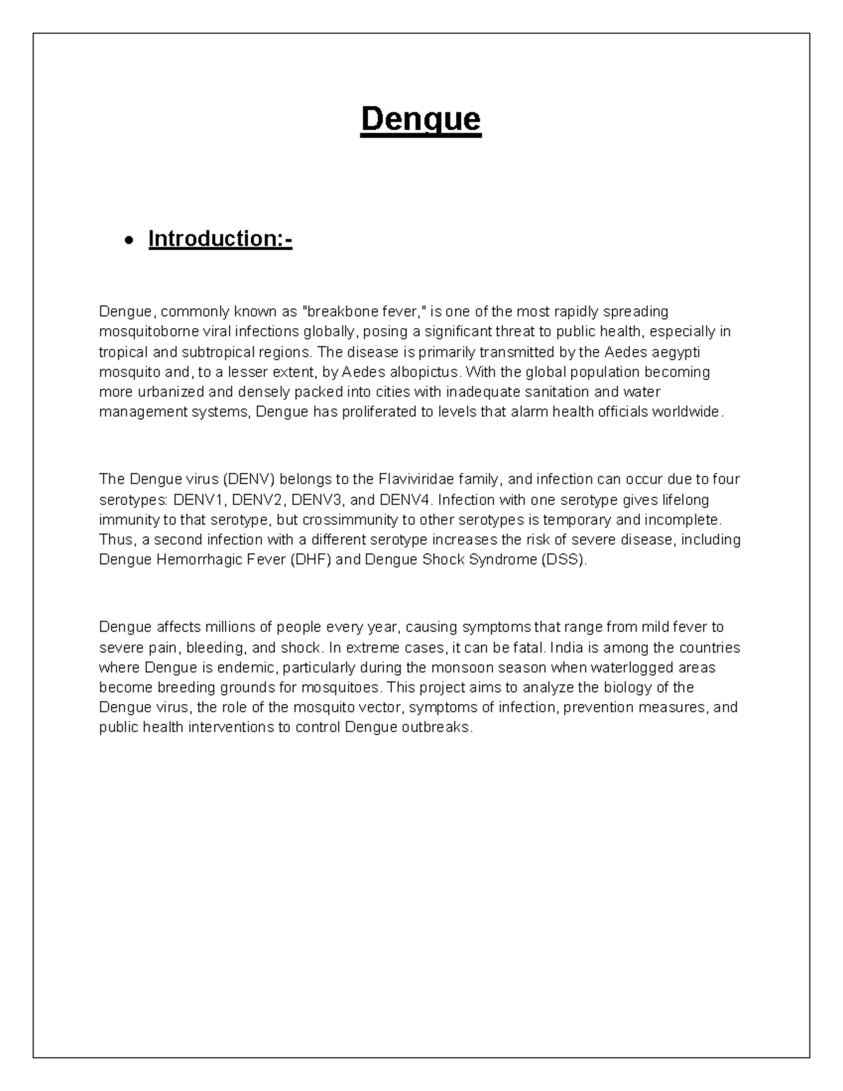 Degue pdf - this is a project of dengue - Dengue Introduction:- Dengue ...