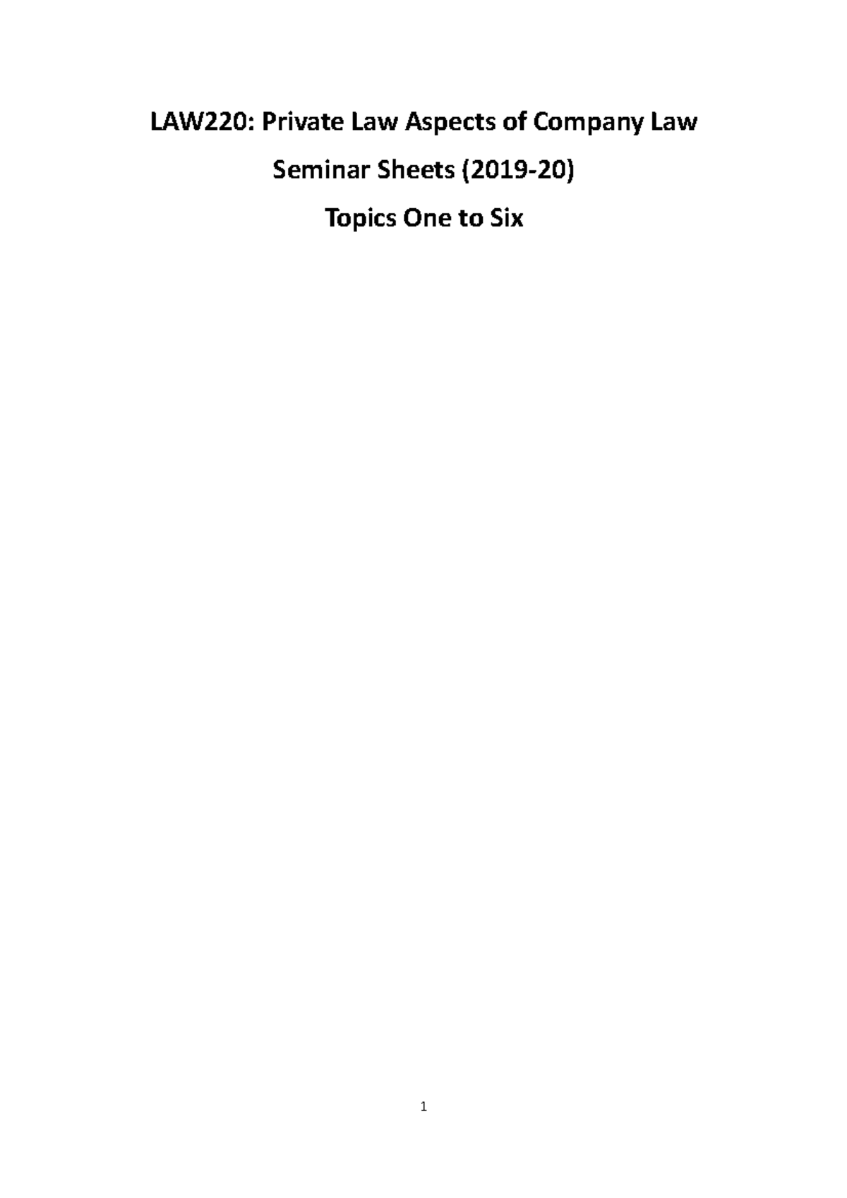 LAW220 Seminar Sheets Topics 1-6 (2019-20) - LAW220: Private Law ...