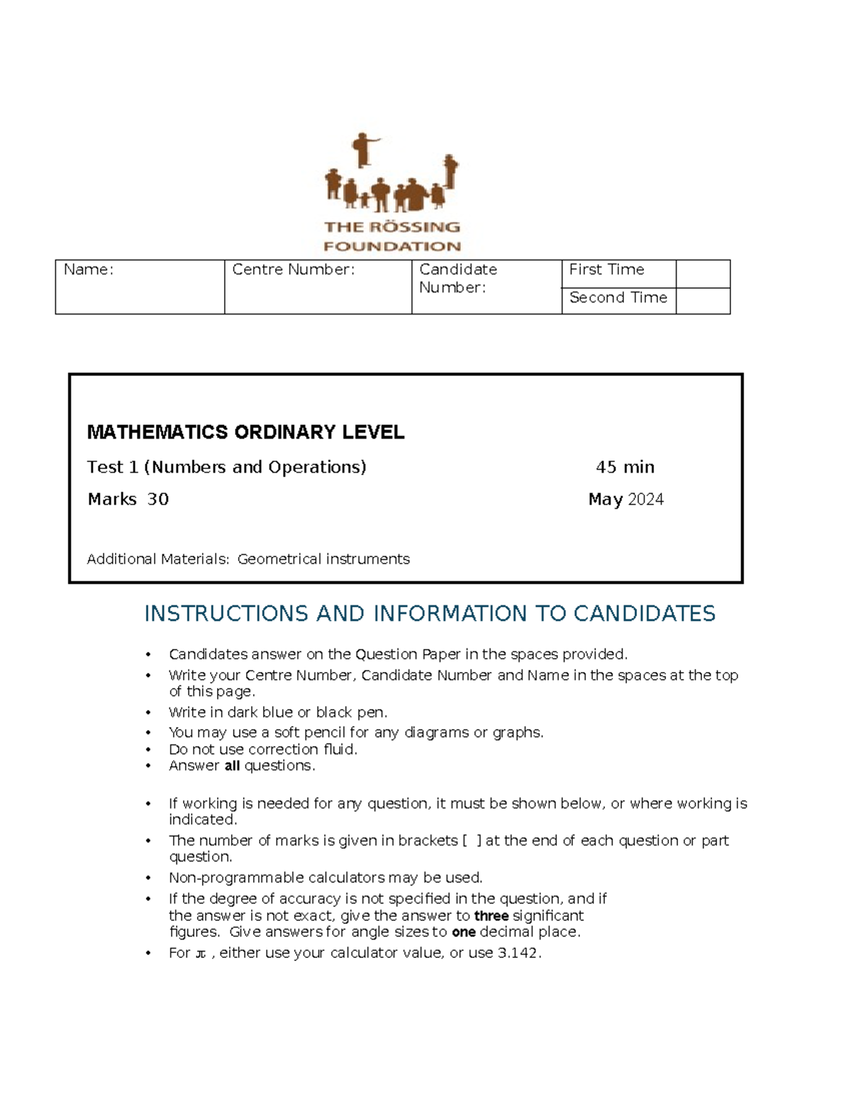 Test 1 (numbers and operations) - MATHEMATICS ORDINARY LEVEL Test 1 ...