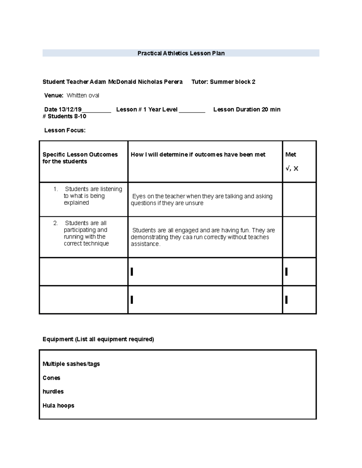 Year 1 and 2 subjects for physical education course - Practical ...