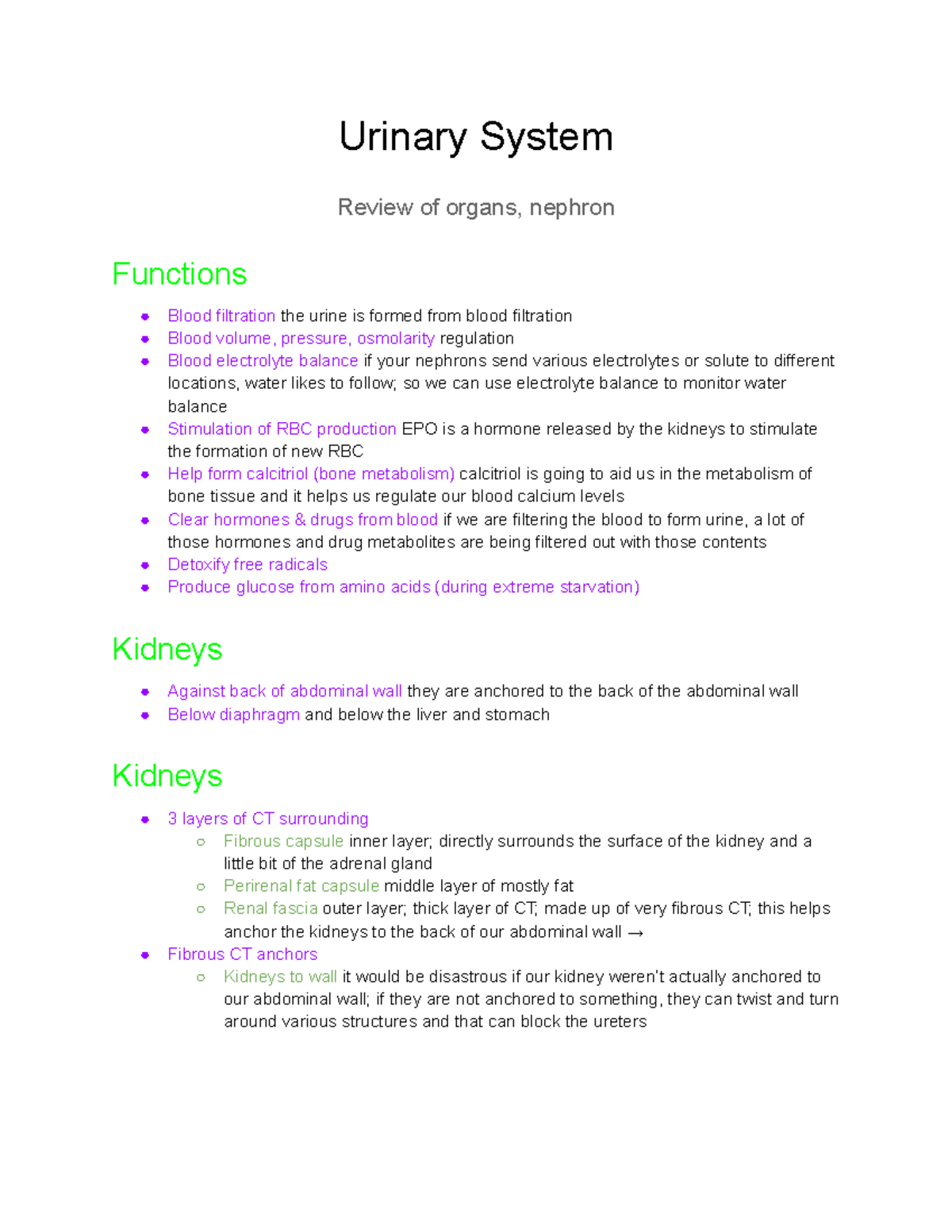 Urinary Review - Detailed lecture notes from Dr. Waltz Advanced Human ...