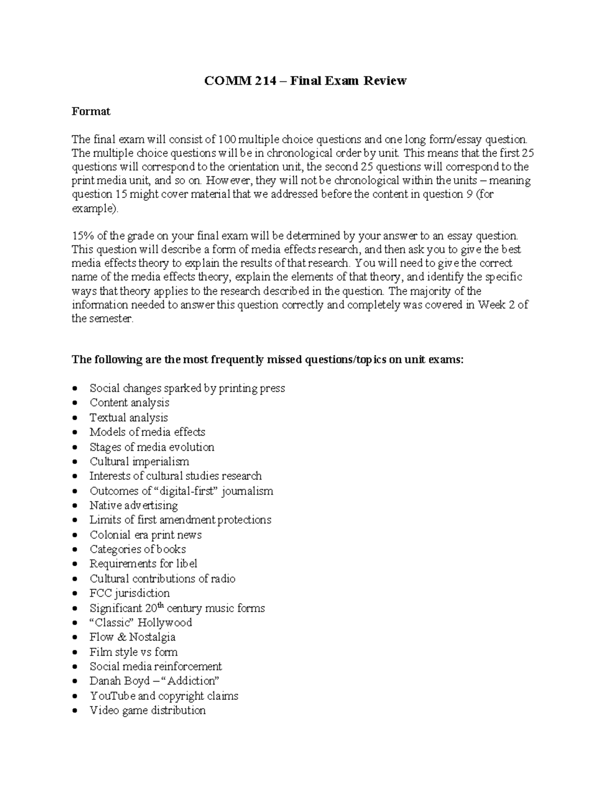 COMM 214 Final Exam Review - COMM 214 – Final Exam Review Format The final exam will consist of ...