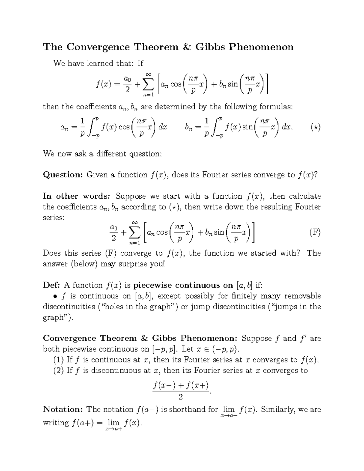 Lecture 2 - The Convergence Theorem & Gibbs Phenomenon We have learned ...