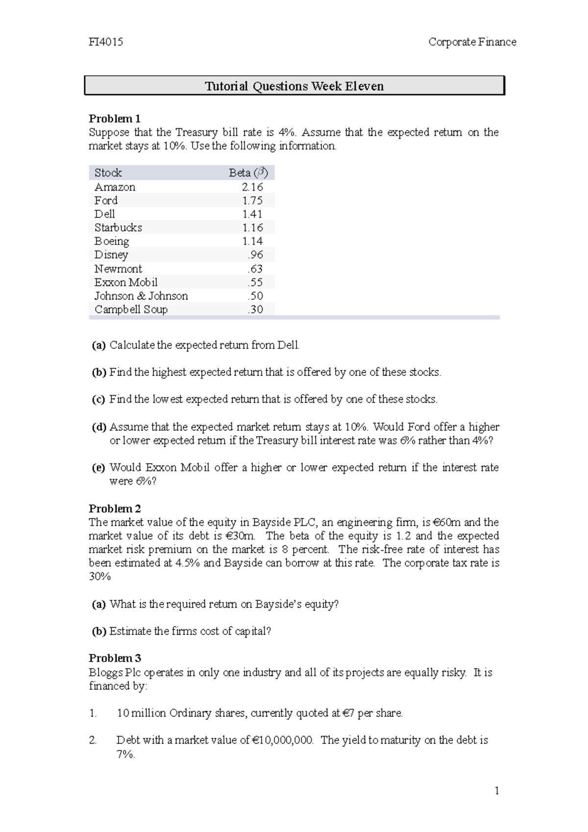 Tutorial Problems - Week 11 - FI4015 Corporate Finance Tutorial ...