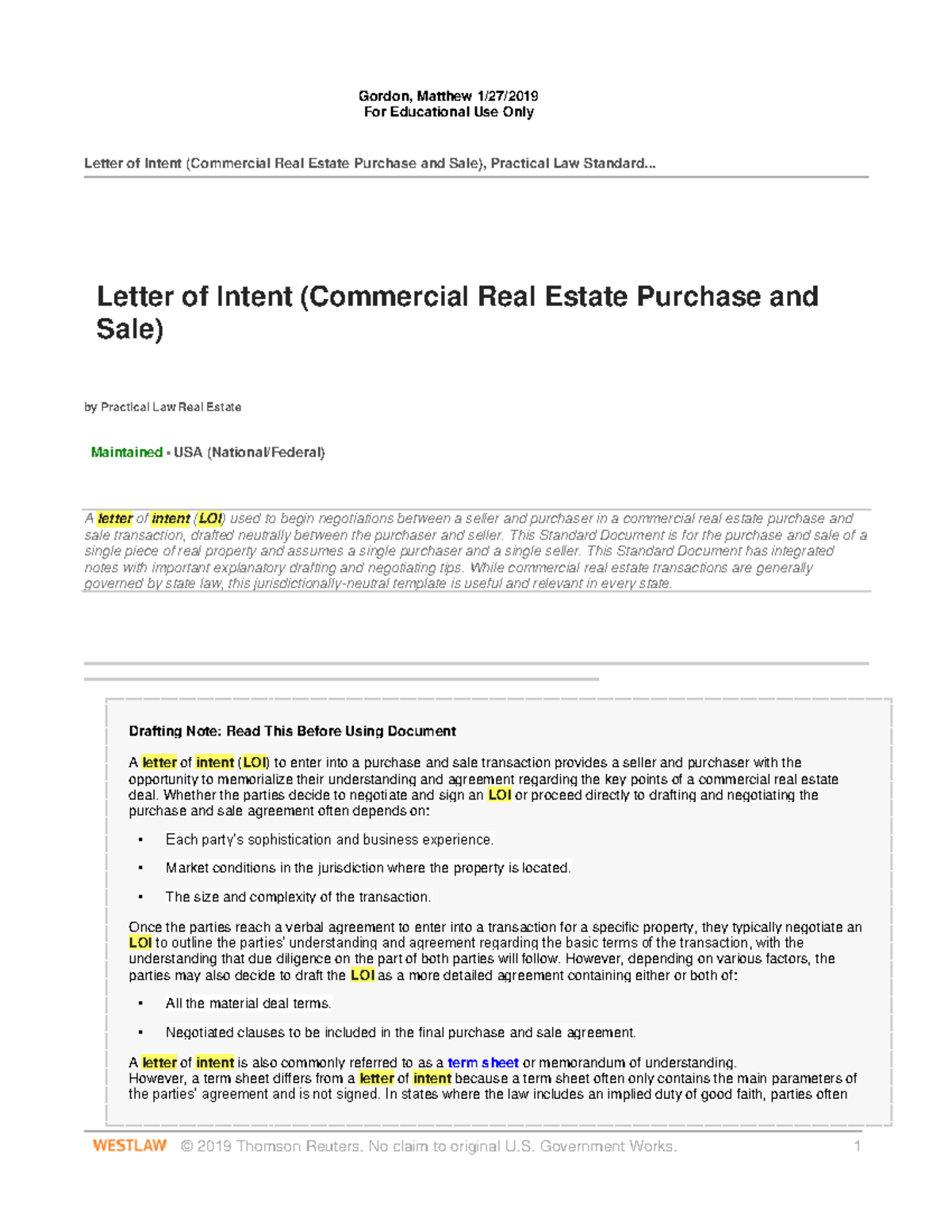 Class #4 Annotated PSA Letter of Intent - LAWS 5624 - CU Boulder - Studocu