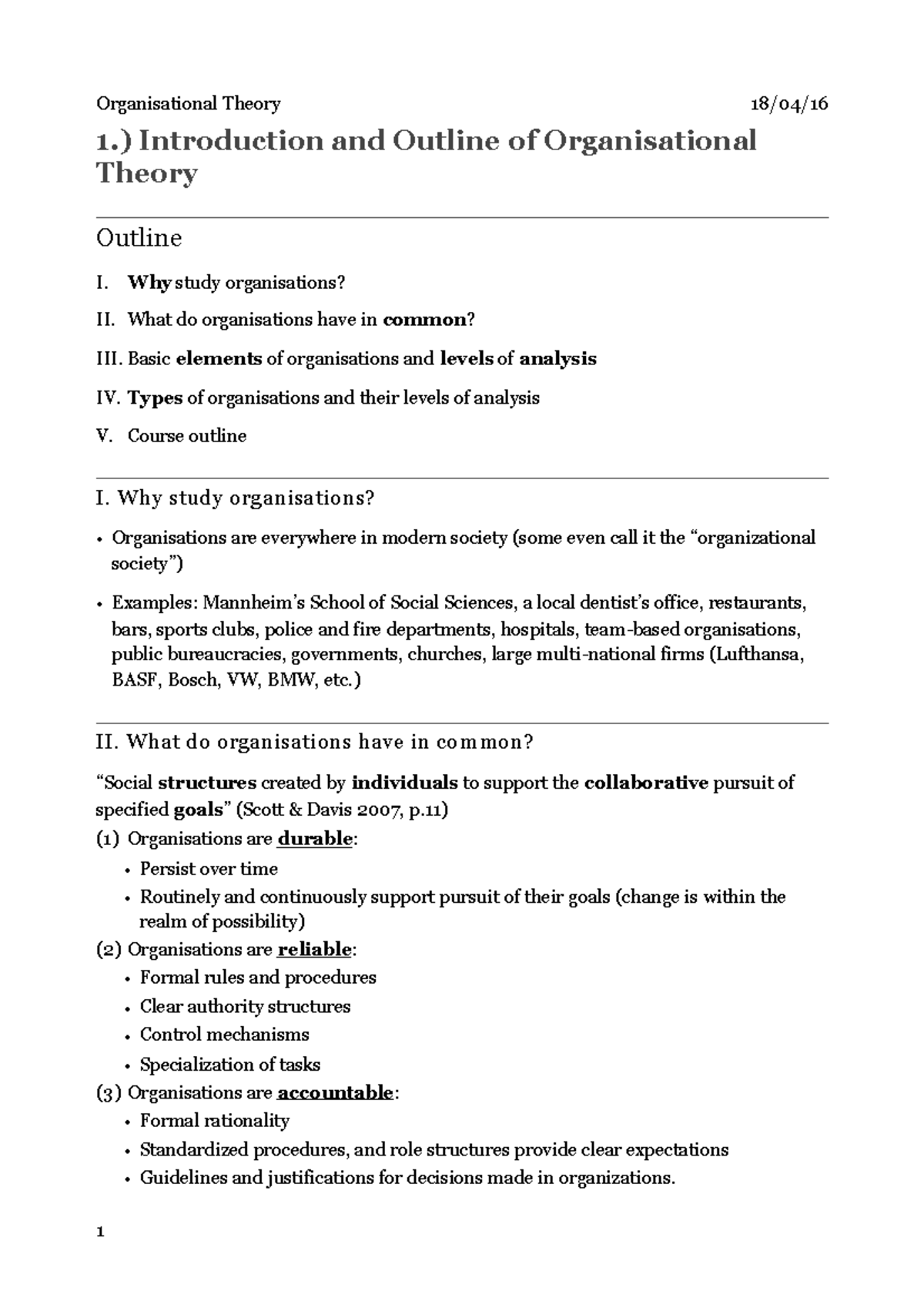 1.) Introduction and Outline of Organisational Theory (18 ...