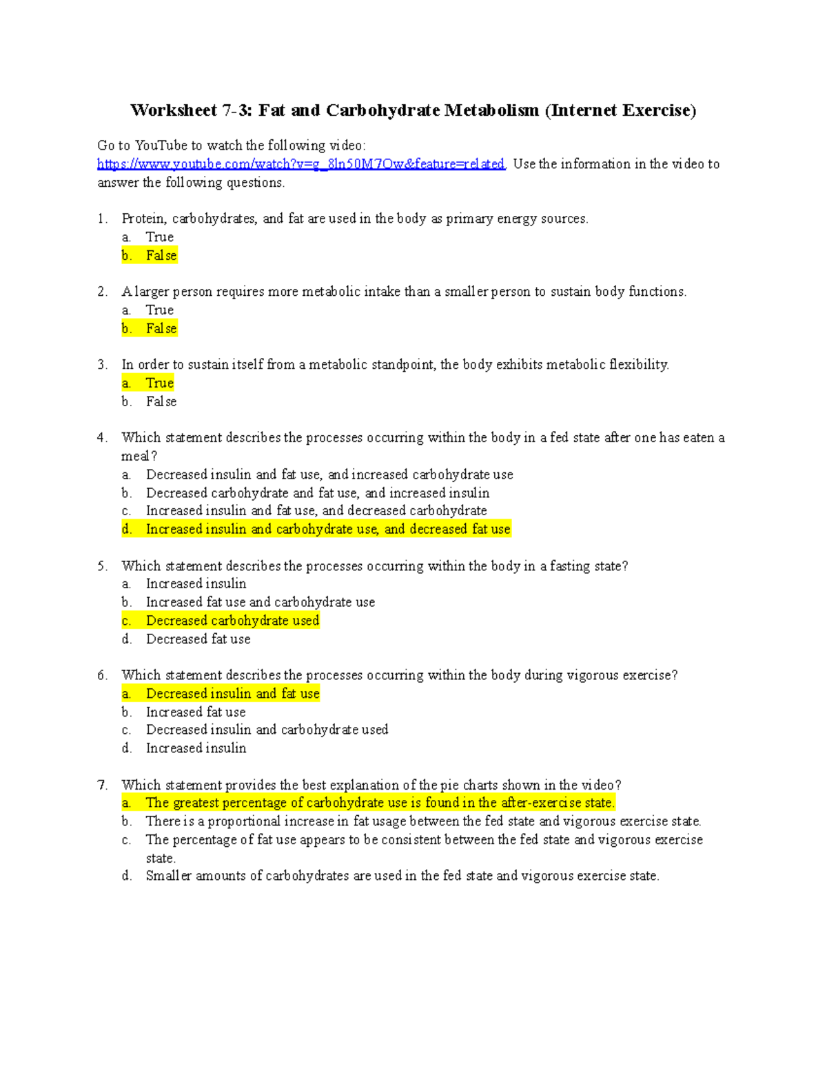 Worksheet 7-3 - Basic Nutrition Assignment - Worksheet 7-3: Fat and ...