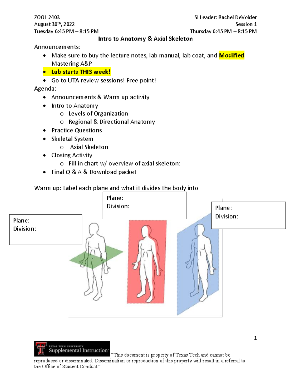 SI session 1 - Exam one lecture - August 30th , 2022 Session 1 Tuesday ...