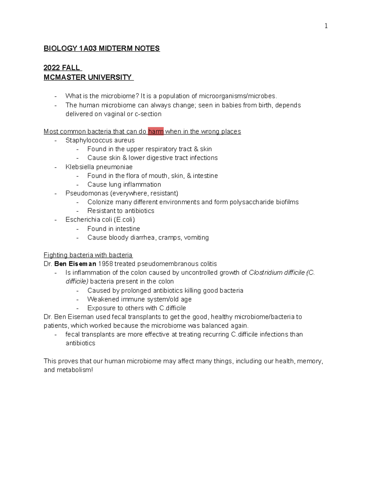 Bio 1A03 Midterm Summary - BIOLOGY 1A03 MIDTERM NOTES 2022 FALL ...