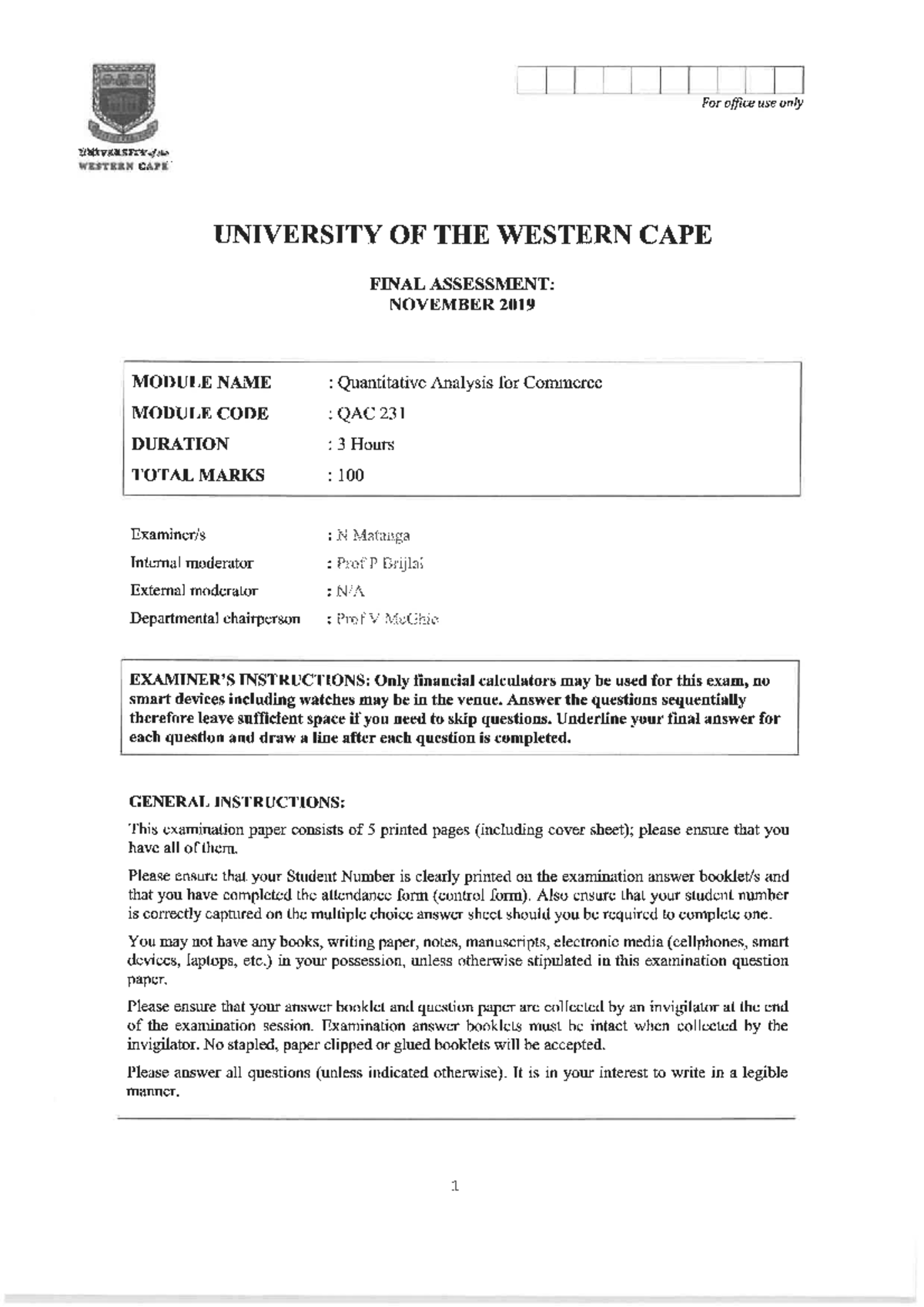 November Final EXAM 2019 - QAC231 - Studocu