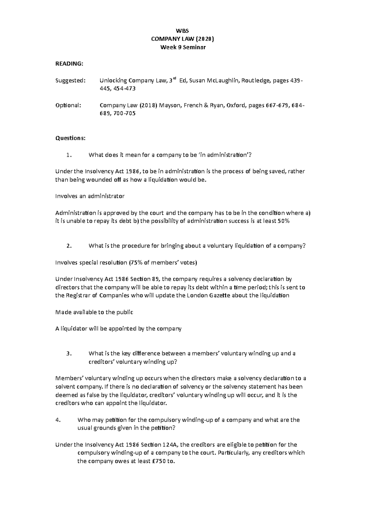 Seminar week 9 2020 - This is revision material for exams - WBS COMPANY ...