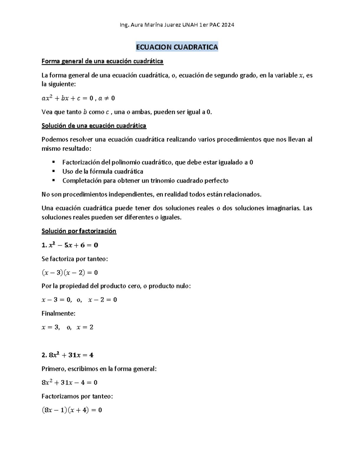 Ecuacion Cuadratica - ECUACION CUADRATICA Forma general de una ecuación ...