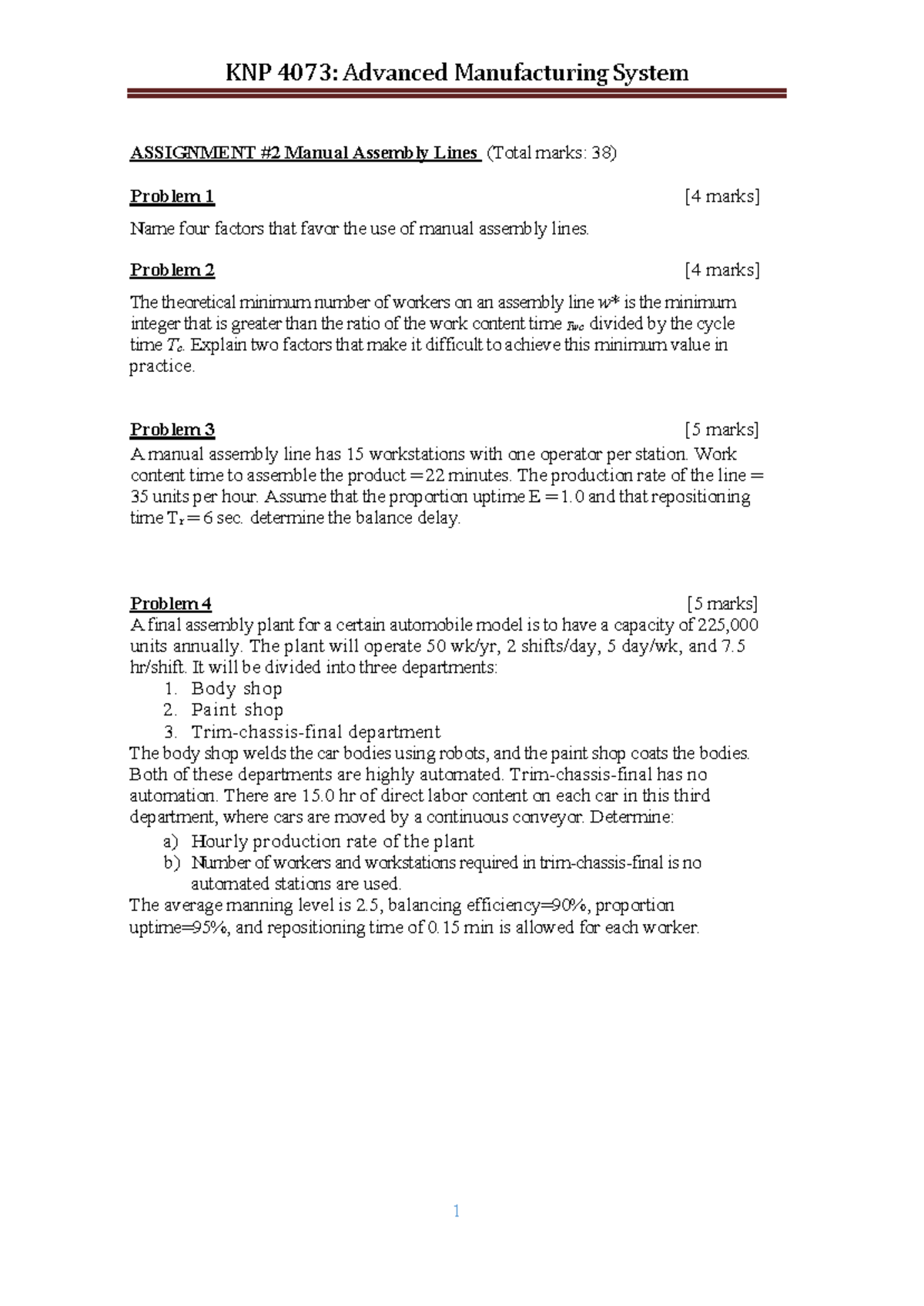 Assign #2 - Prof. Abdullah Yassin - 1 KNP 4073: Advanced Manufacturing ...