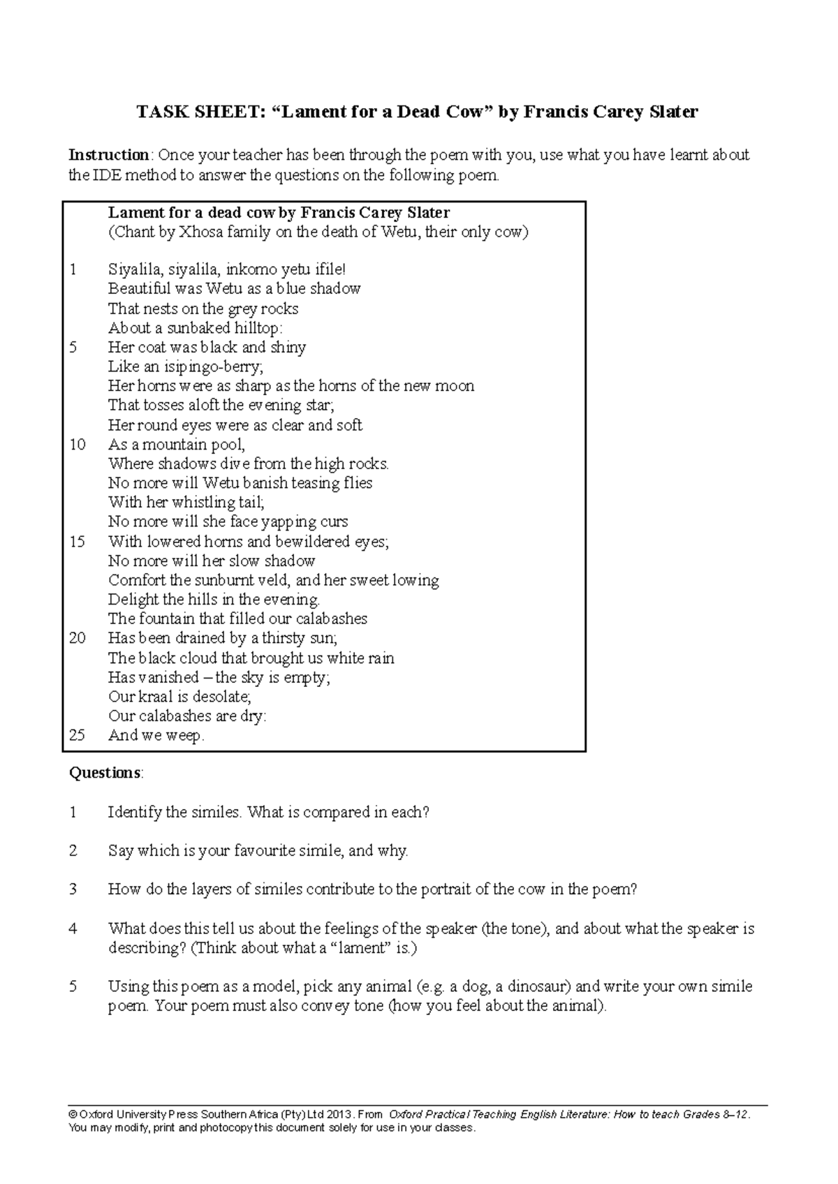 5 17 Task sheet on Lament for a Dead Cow - TASK SHEET: “Lament for a ...