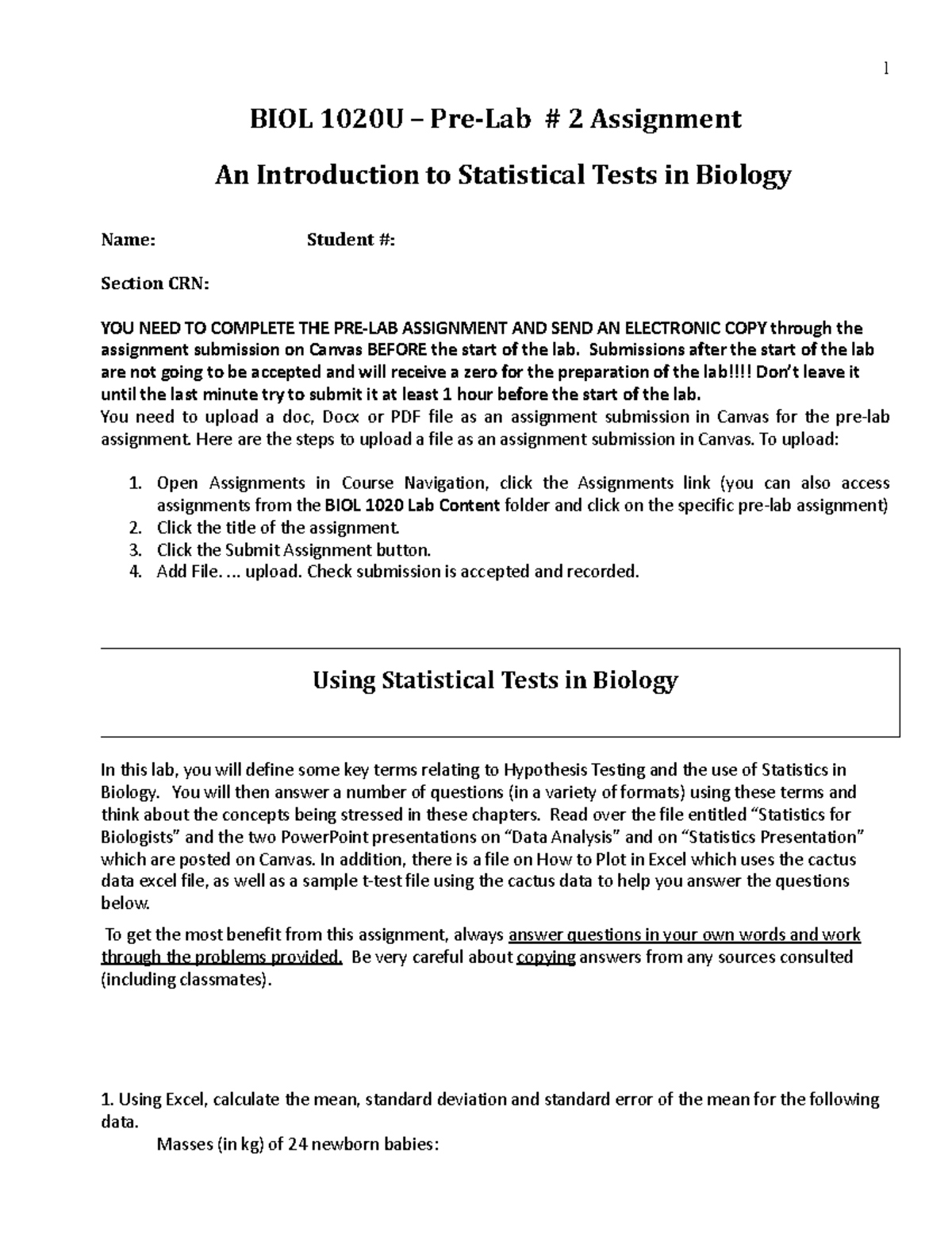 Copy of Pre Lab 2- Statistical Tests in Biology - BIOL 1020U – Pre-Lab ...