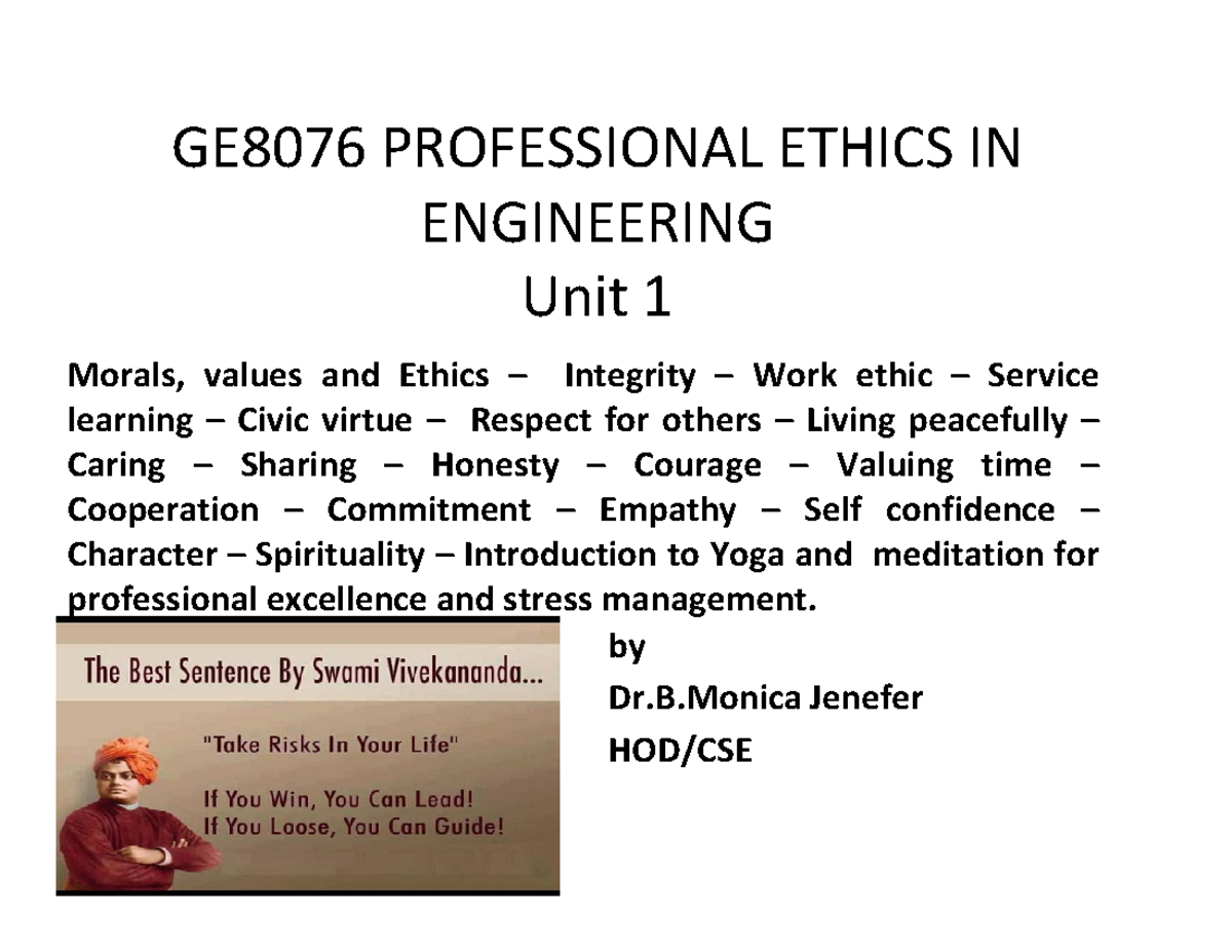 GE8076-Unit I BM - a notes - GE8076 PROFESSIONAL ETHICS IN ENGINEERING ...