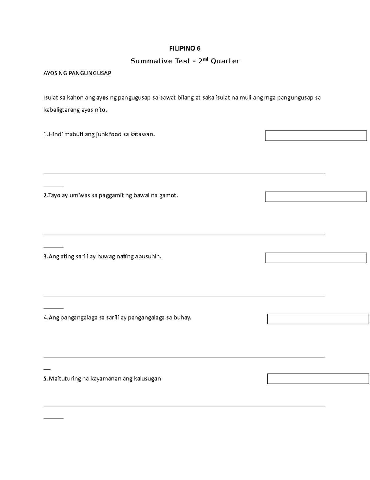 ST Filipino 6 Q2 - assignment notes - FILIPINO 6 Summative Test – 2nd ...