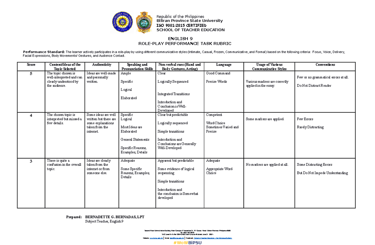 Persuasive Essay Rubric- Week 2 - Republic of the Philippines Biliran ...