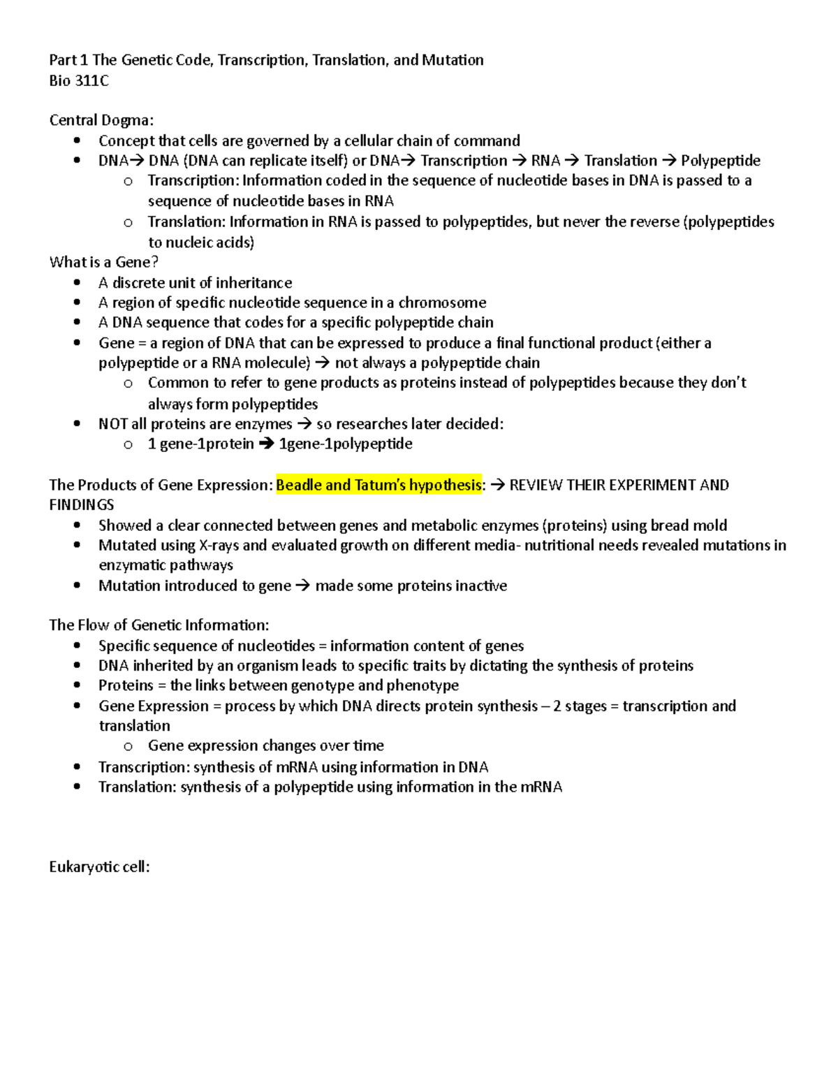 Part 1 The Genetic Code, Transcription, Translation, and Mutation - Studocu