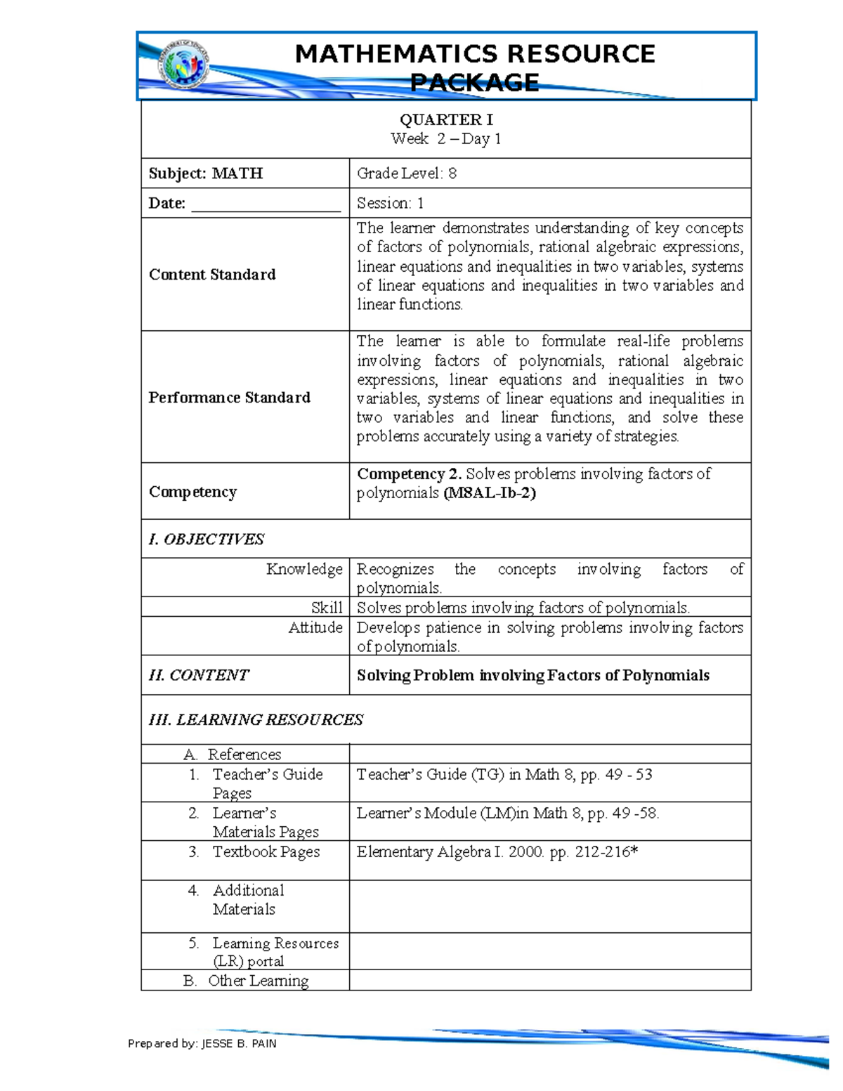 DLP-8 (week 2 DAY 1) - Lesson plan - PACKAGE QUARTER I Week 2 – Day 1 ...