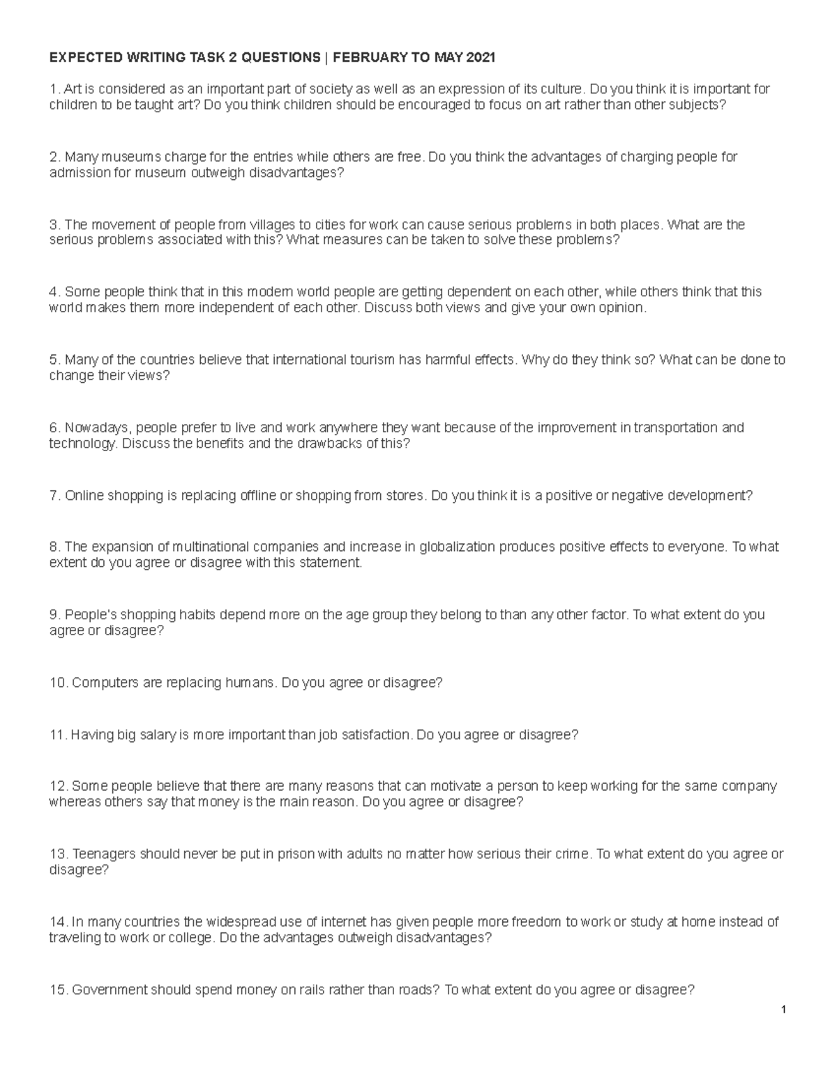 Expected Writing TASK 2 Questions - EXPECTED WRITING TASK 2 QUESTIONS ...