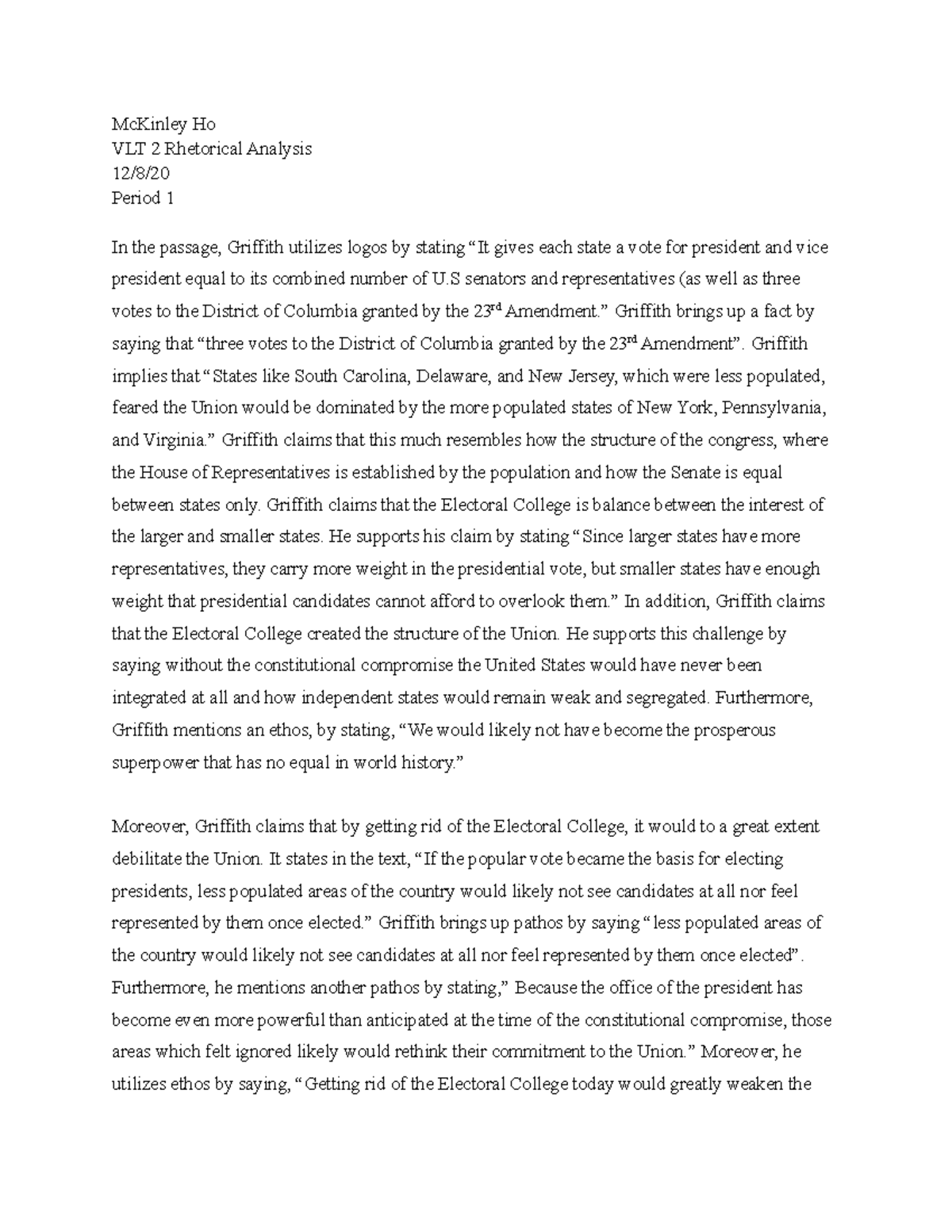 VLT 2 RA - VLT 2 - McKinley Ho VLT 2 Rhetorical Analysis 12/8/ Period 1 ...