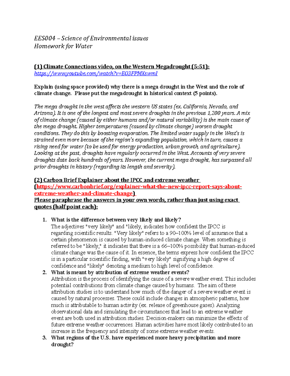 Water HW 1 - EES004 – Science of Environmental issues Homework for ...