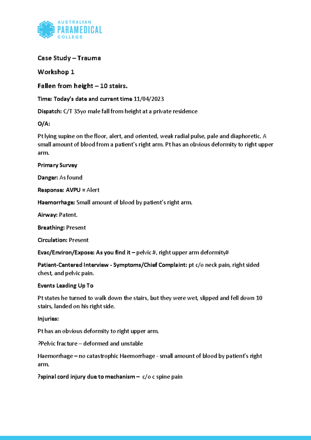 Case Study - Trauma - good - Case Study – Trauma Workshop 1 Fallen from ...
