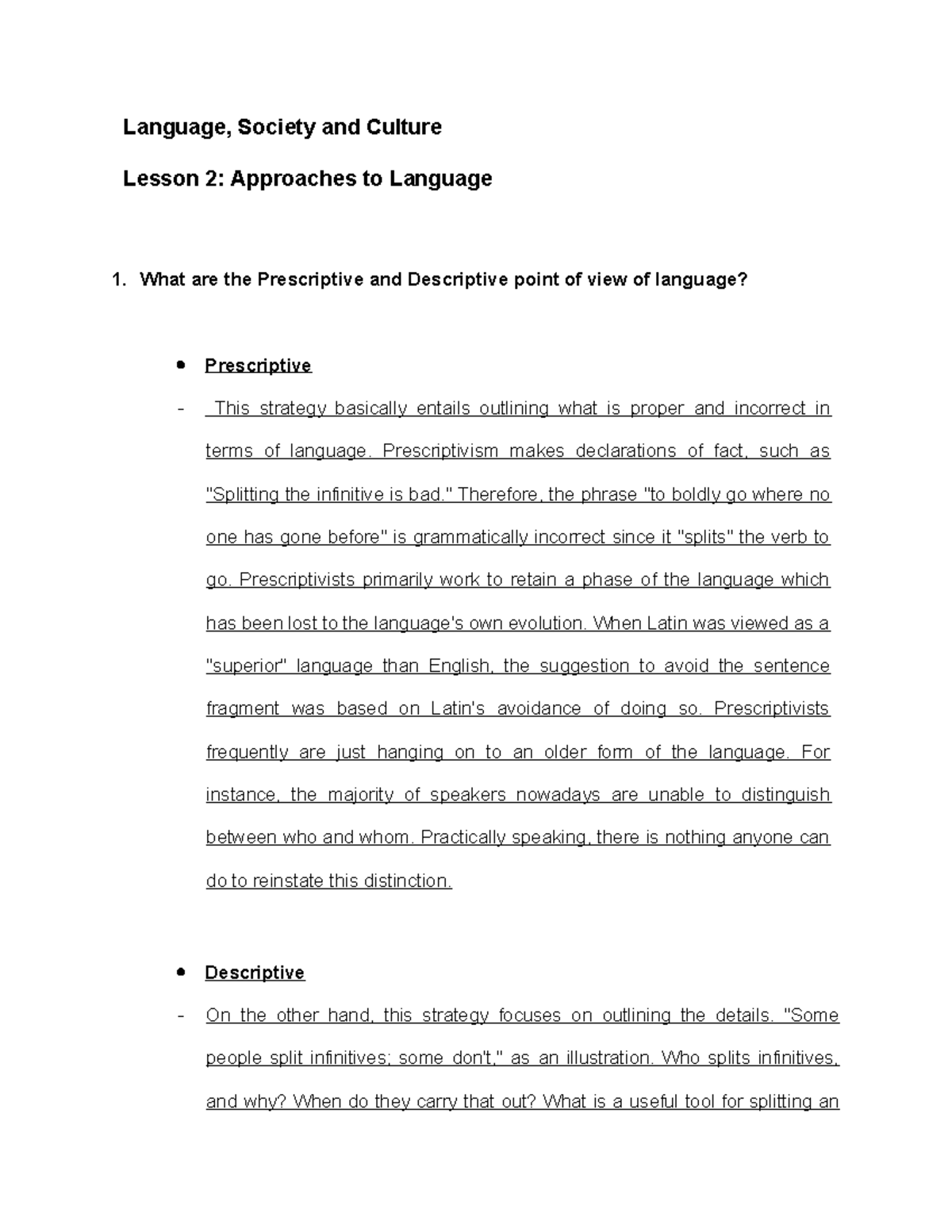 EL 222 Language Society and Culture - Lesson 2 - Approaches to language ...