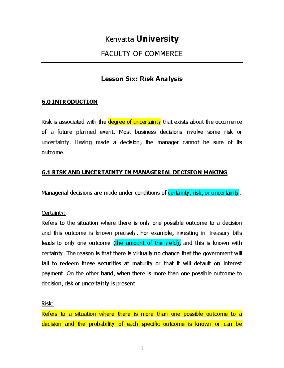 Lecture 6 Risk Analysis - Kenyatta University FACULTY OF COMMERCE ...