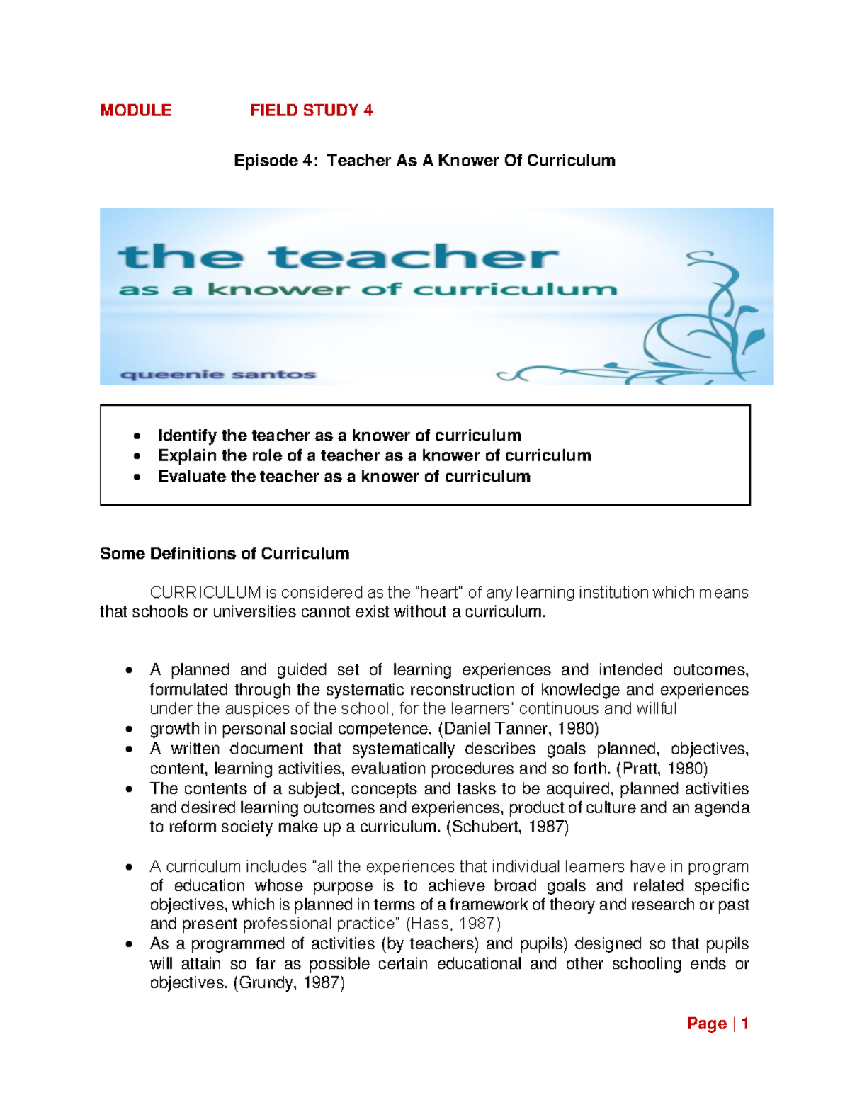 FS4E4 - Episode 4: Teacher As A Knower Of Curriculum - Page | 1 MODULE ...