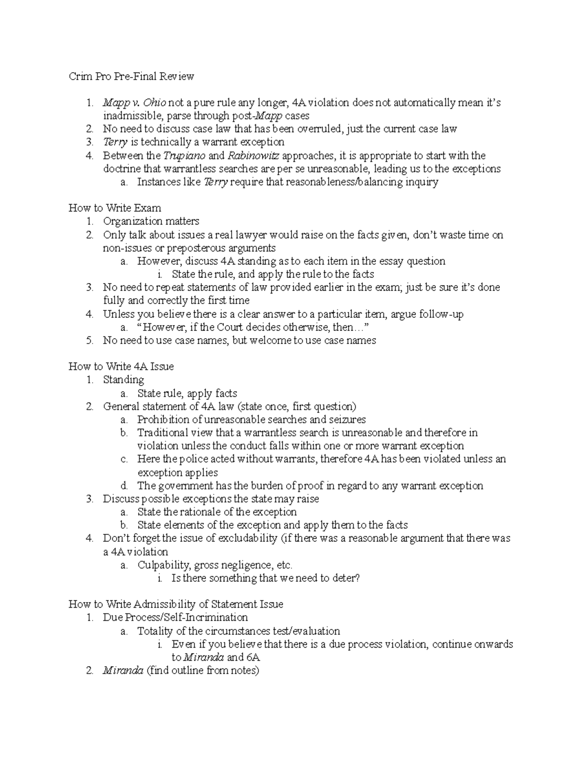 Crim Pro Review - Crim Pro Pre-Final Review Mapp v. Ohio not a pure ...