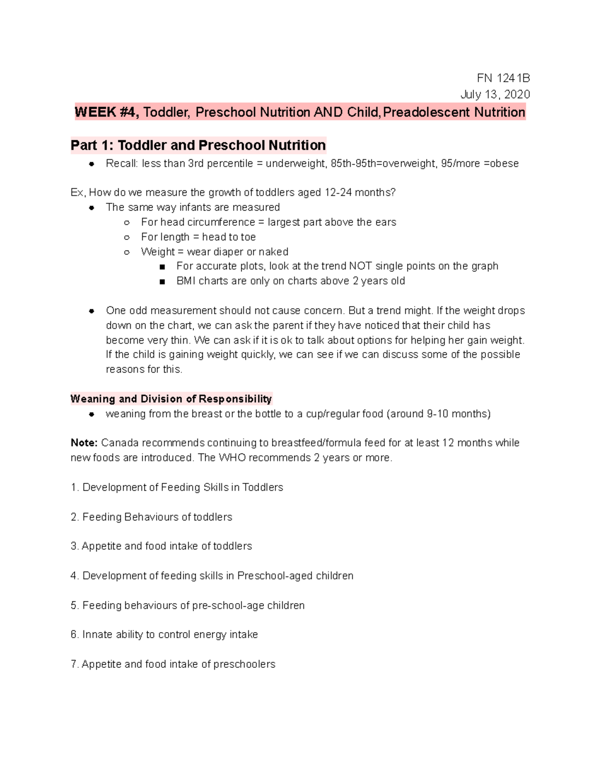 FN 1241 B WEEK #4 first year - FN 1241B July 13, 2020 WEEK #4, Toddler ...