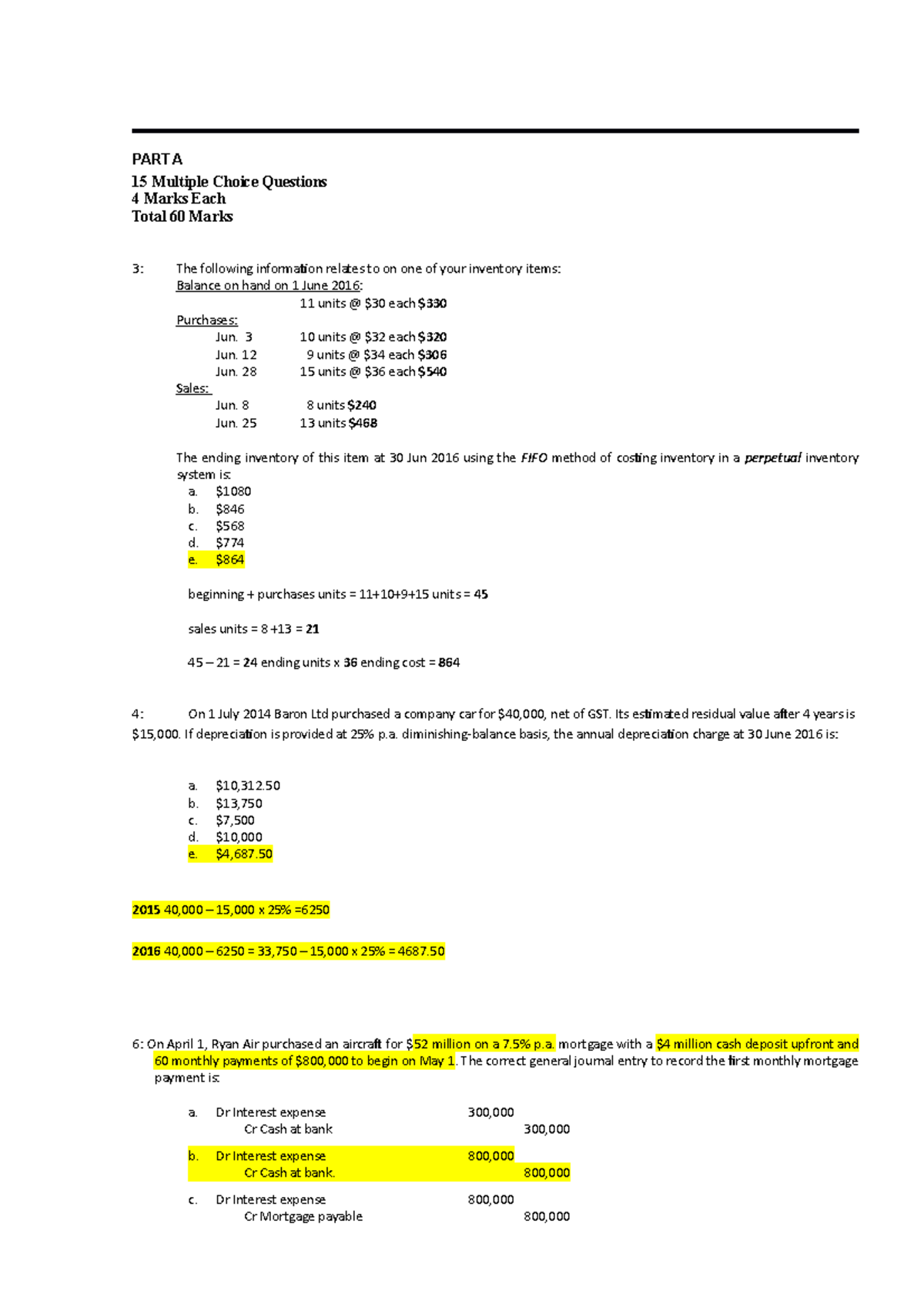 Sample Exam With Q&A - PART A 15 Multiple Choice Questions 4 Marks Each ...