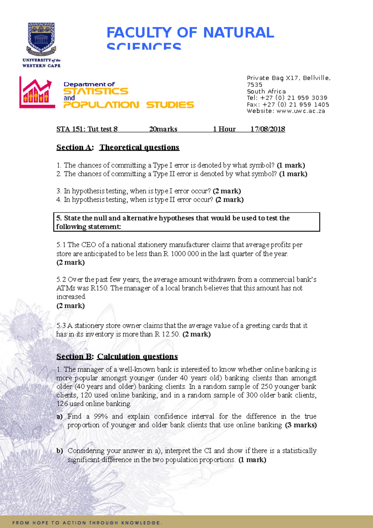 Tut test 8 2 - Use as tutorial - Private Bag X17, Bellville, 7535 South ...