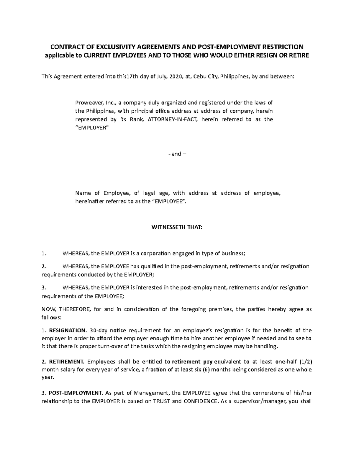 Contract OF Exclusivity Agreements AND POST Linganay - CONTRACT OF ...