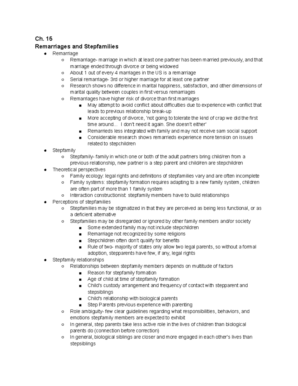 Chapter 15 - Professor Dena Wyum - Ch. 15 Remarriages and Stepfamilies Remarriage Remarriage ...
