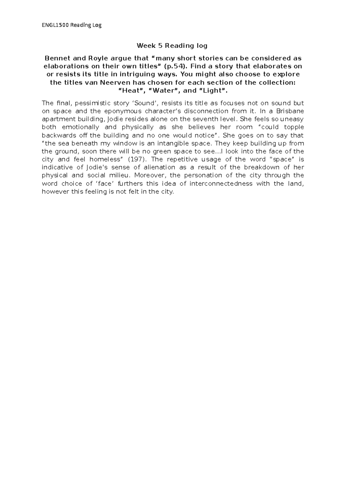 Week 5 Reading Log - ENGL1500 Reading Log Week 5 Reading log Bennet and ...