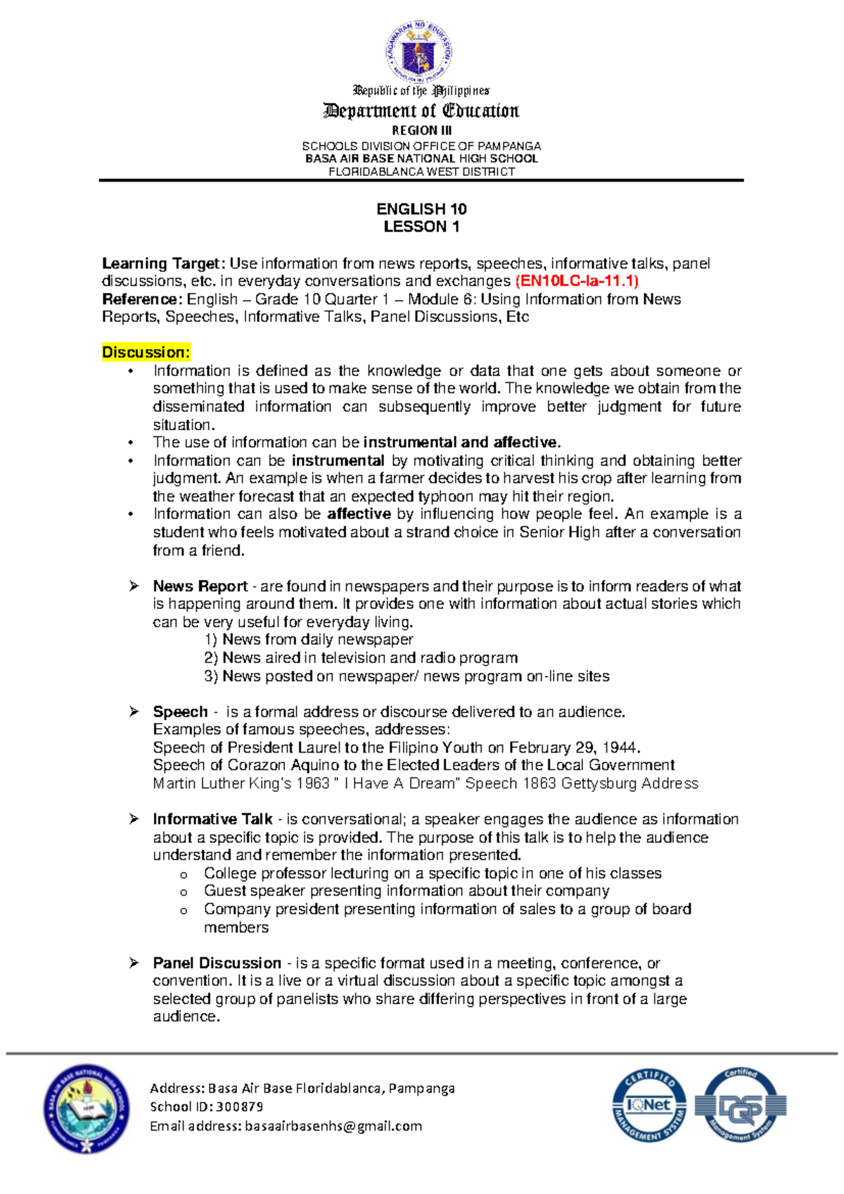 Activity Sheet Using Information from News Reports Speeches Informative ...