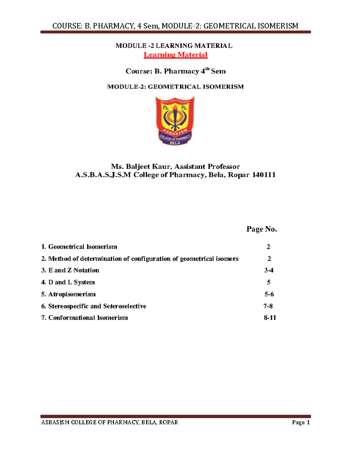 Geometrical Isomerism Module 2 Learning Material Learning Material