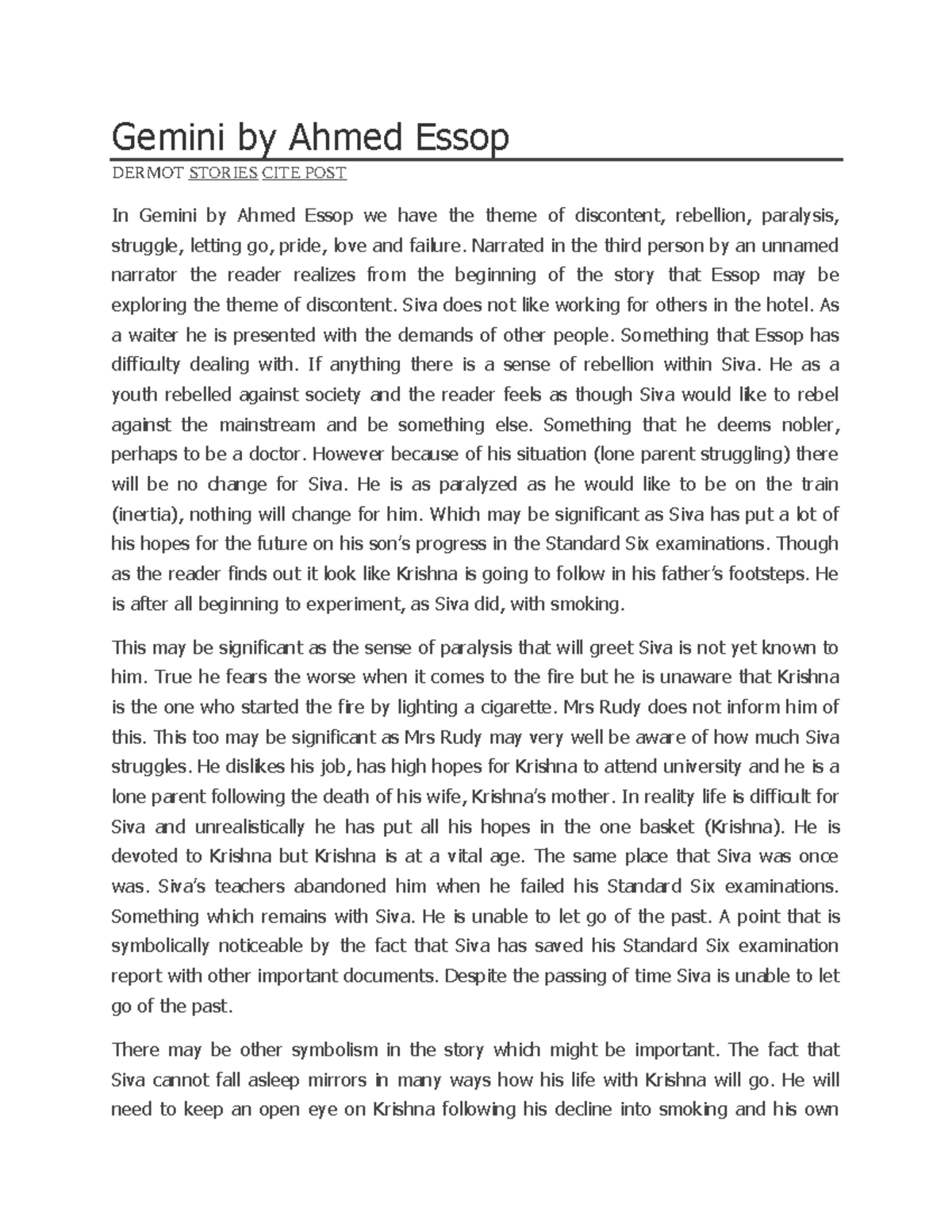 Gemini by Ahmed Essop - Narrated in the third person by an unnamed ...