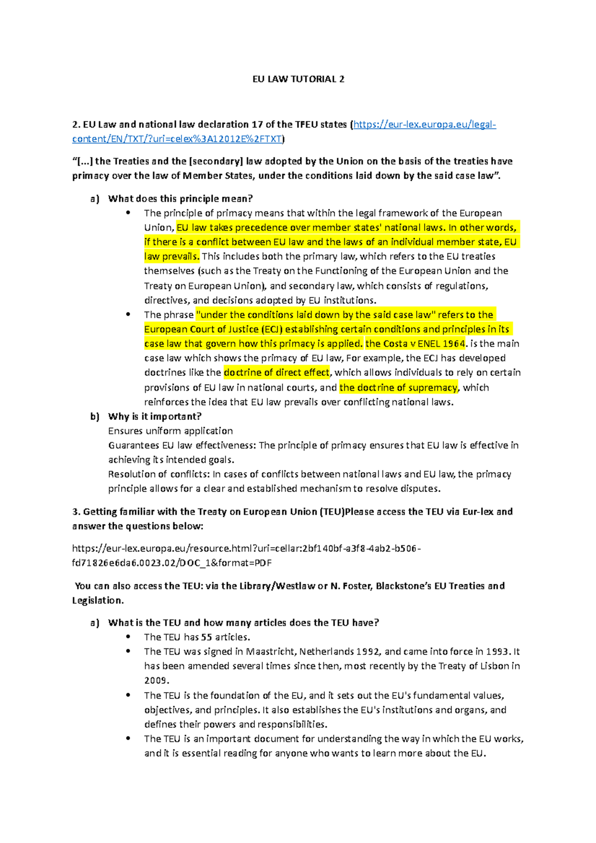 EU LAW Tutorial 2 - EU LAW TUTORIAL 2 EU Law and national law ...