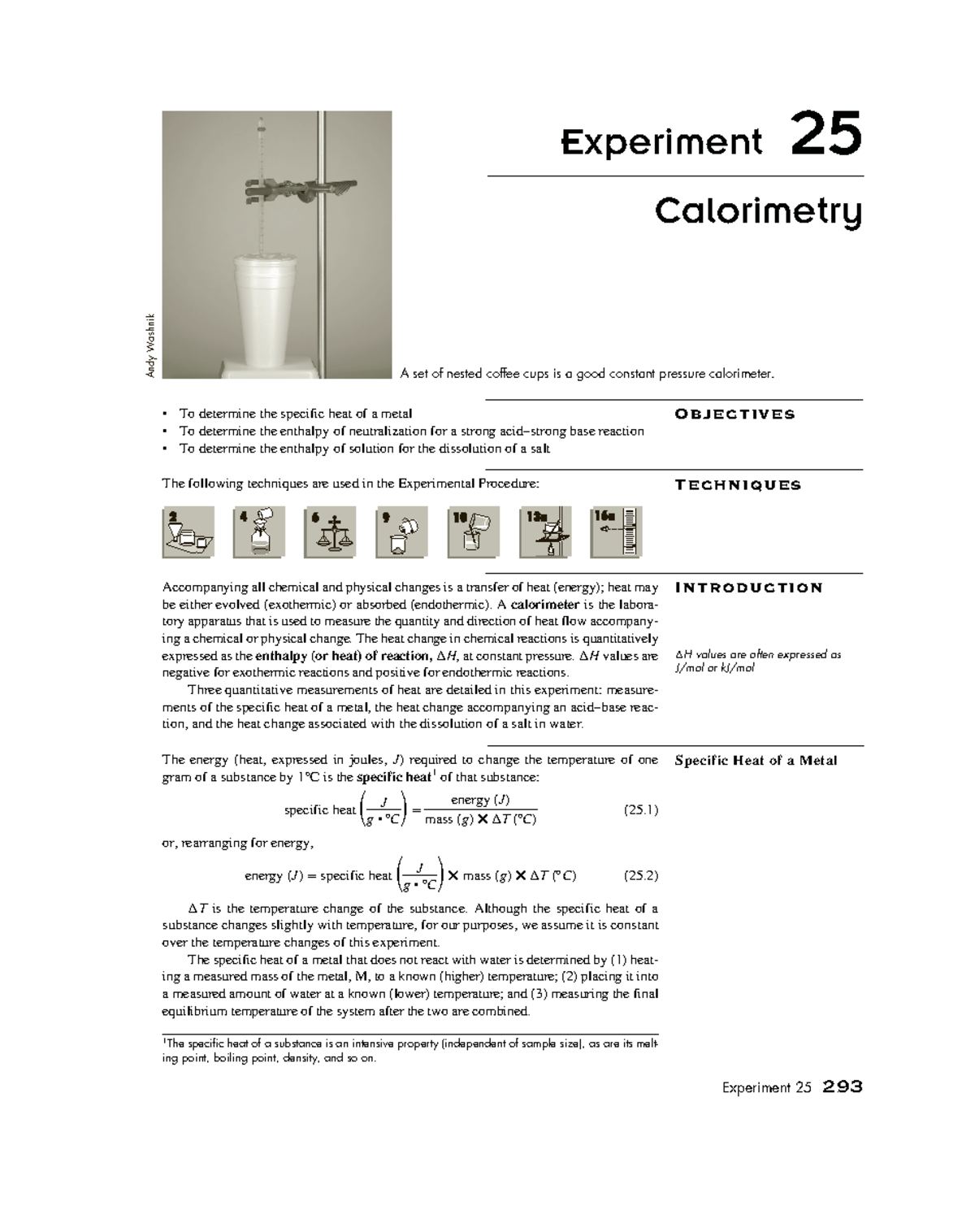 Experiment 25 - Just the pdf, no answers - Experiment 25 Calorimetry To determine the specific ...