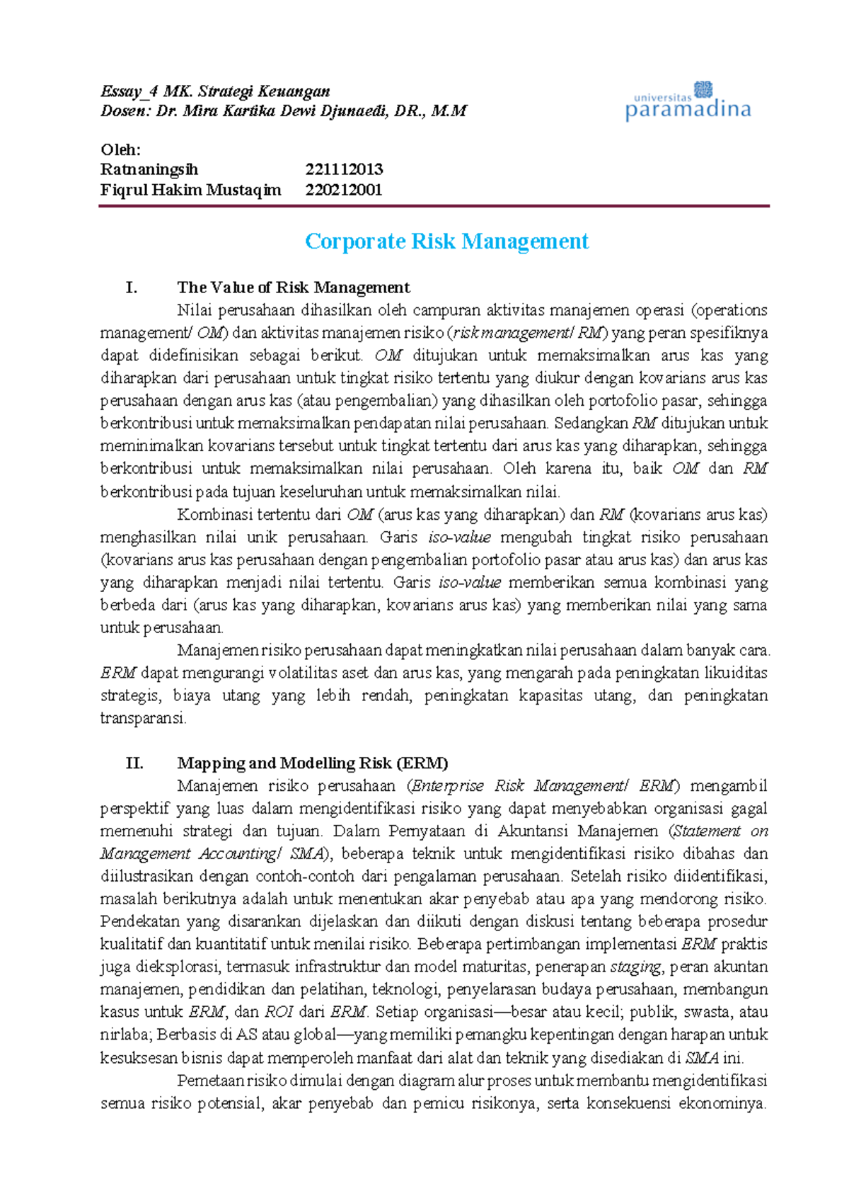 Essay 4 Corporate Risk Management - Essay_4 MK. Strategi Keuangan Dosen ...