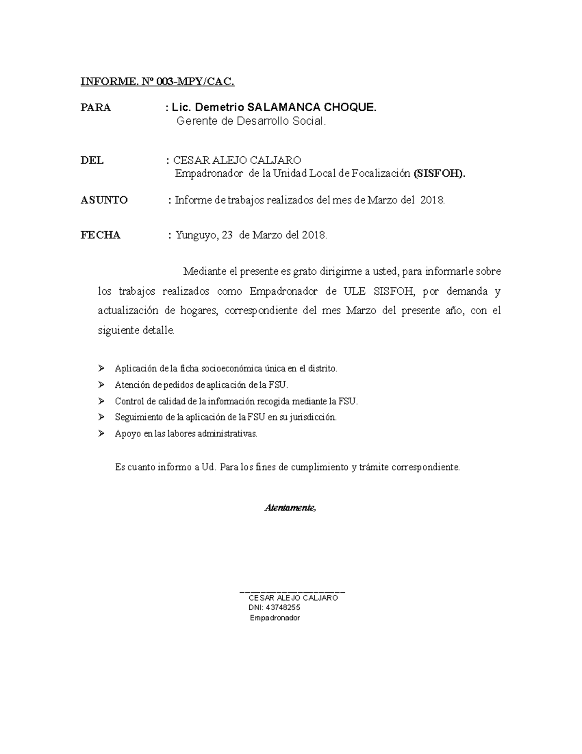 I Informe DE Sisfoh Cesar - INFORME. Nº 003-MPY/CAC. PARA : Lic ...