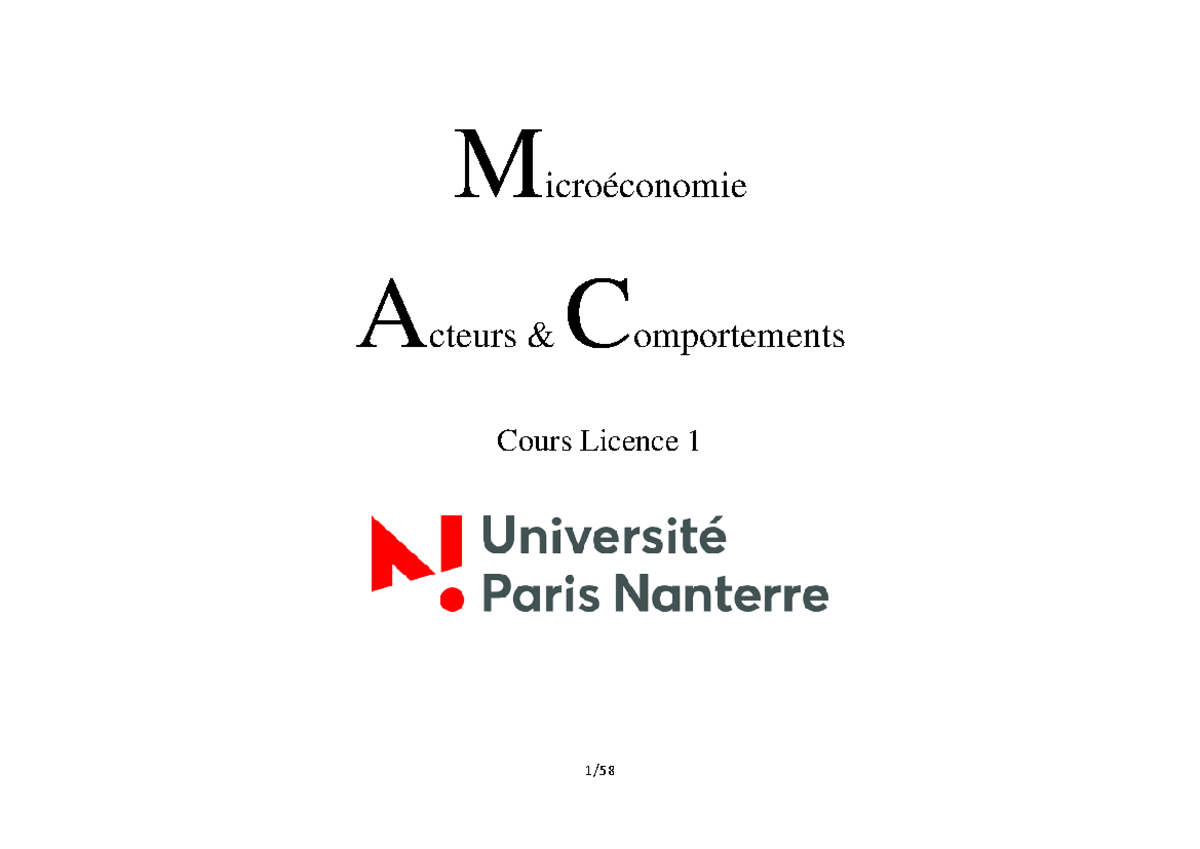 Micro Ã©conomie SÃ©ance 7 - Microéconomie Acteurs & Comportements Cours Licence 1 Plan de cours ...