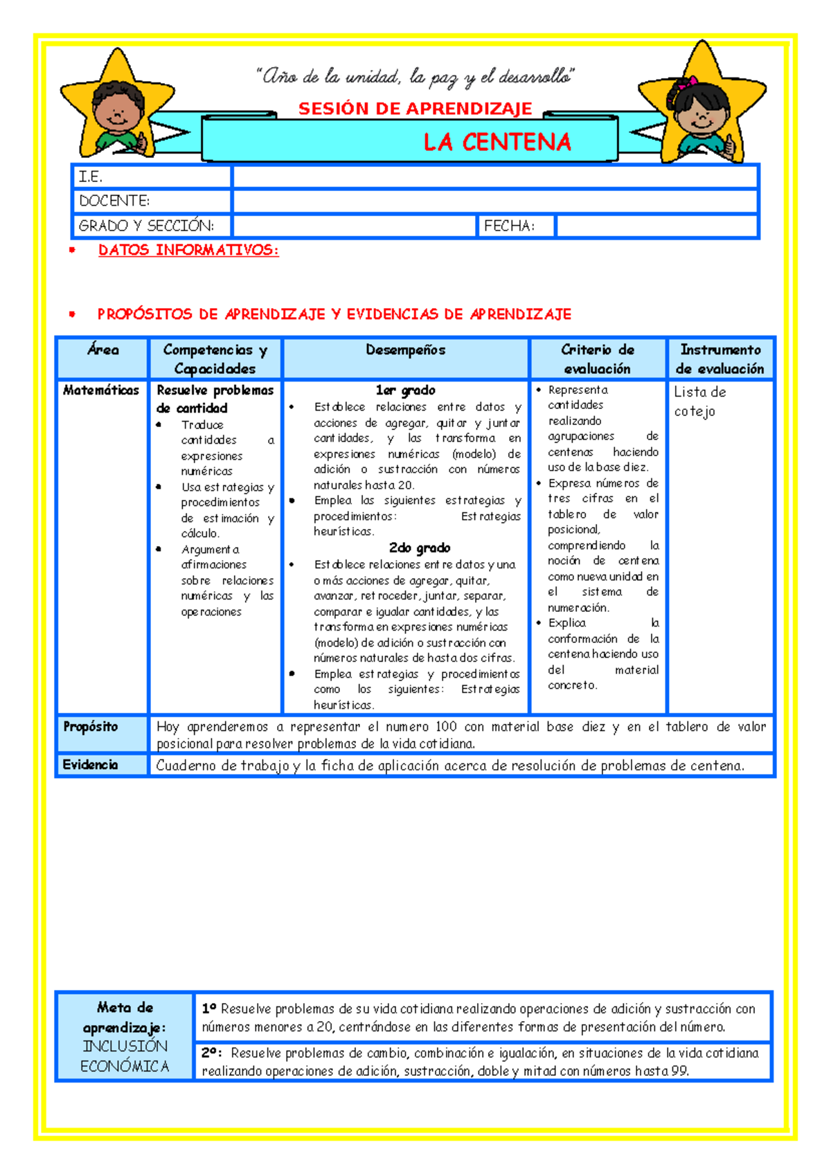 III E11 S3 Sesion D2 MAT Conocemos LA Centena - SESIÓN DE APRENDIZAJE I. DOCENTE: GRADO Y ...